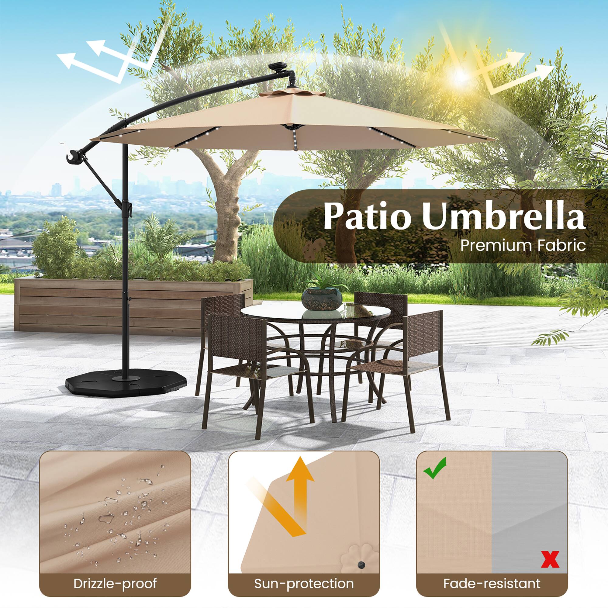 Gymax 10 ft Patio Offset Umbrella w/ Solar Lights Deck Umbrella w/ Easy ...