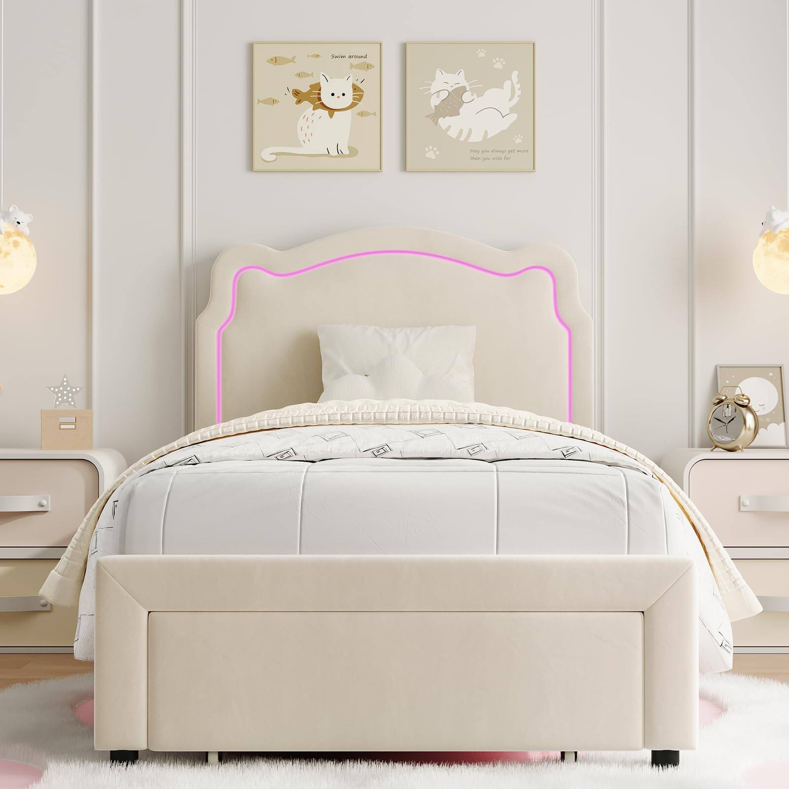 Babevy Twin Bed Frame with Upholstered Adjustable Headboard & Smart LED ...