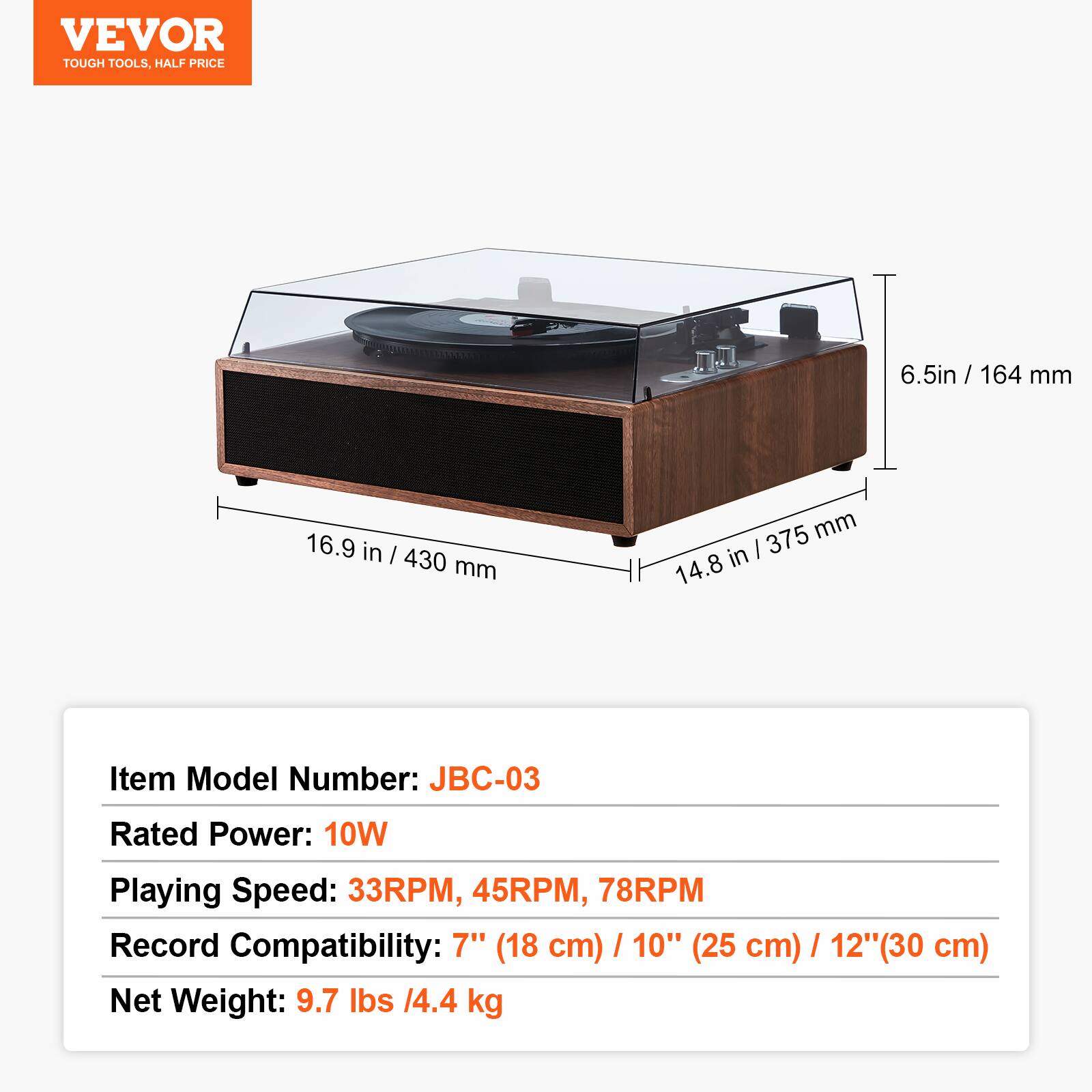 VEVOR Vinyl Record Player, 3 Speed, Belt Driven Turntable Player with ...