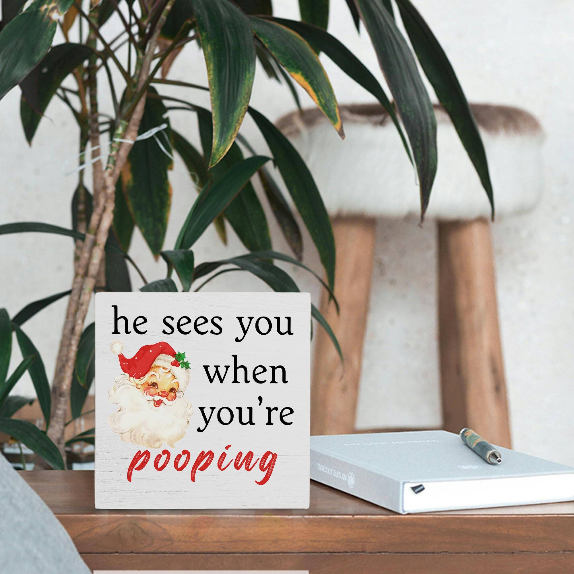 Paradigms Interiors Christmas Santa Bathroom Wooden Box Sign He Sees ...