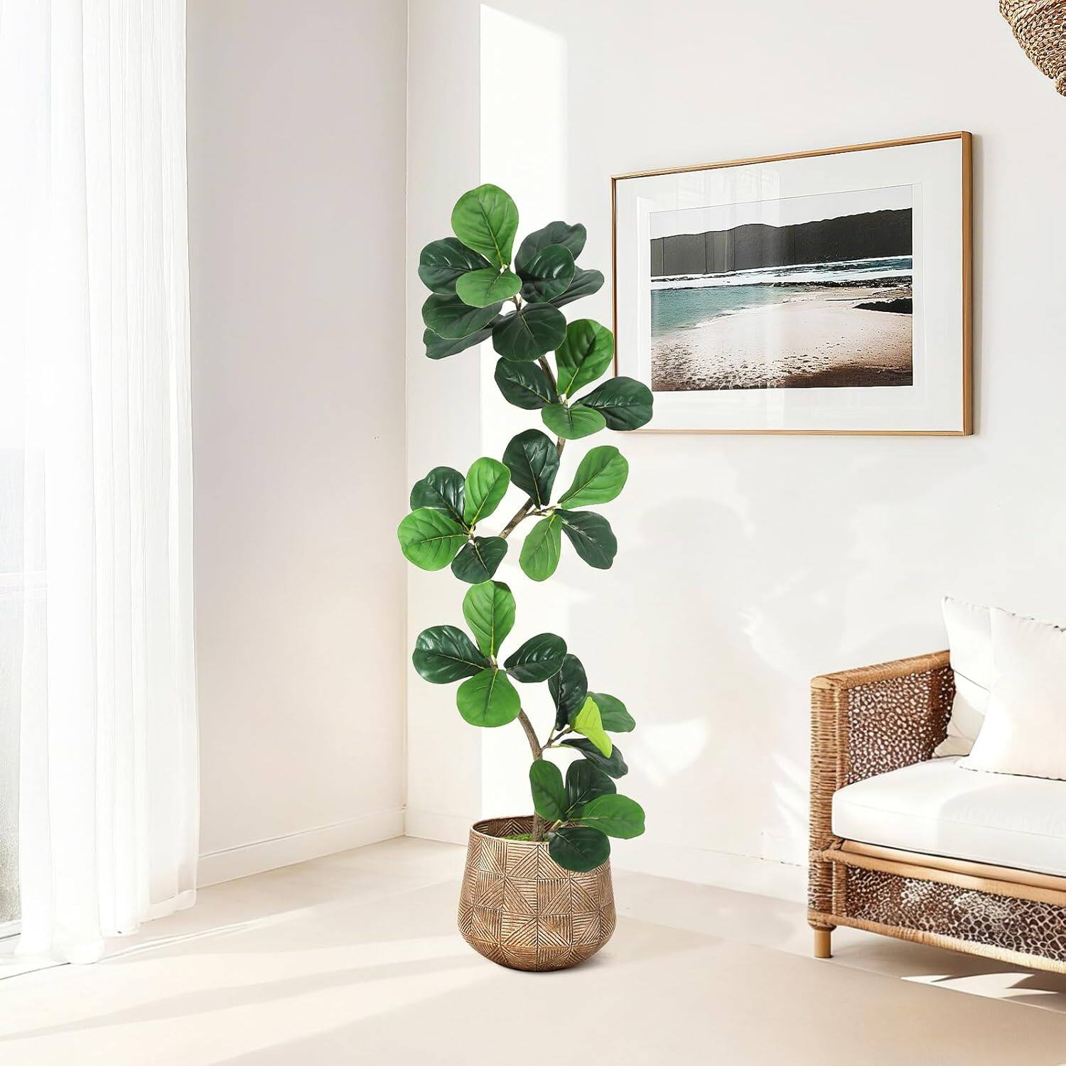 Homhougo Fiddle Leaf Fig Artificial Tree with White Planter,5 ft Faux ...