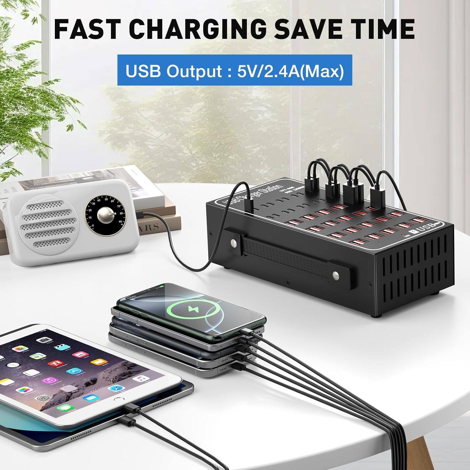 MOSZAR LLC 300W 60 Port USB A & USB C Fast Charging Station for Multiple Devices Black YFY-A98 ...