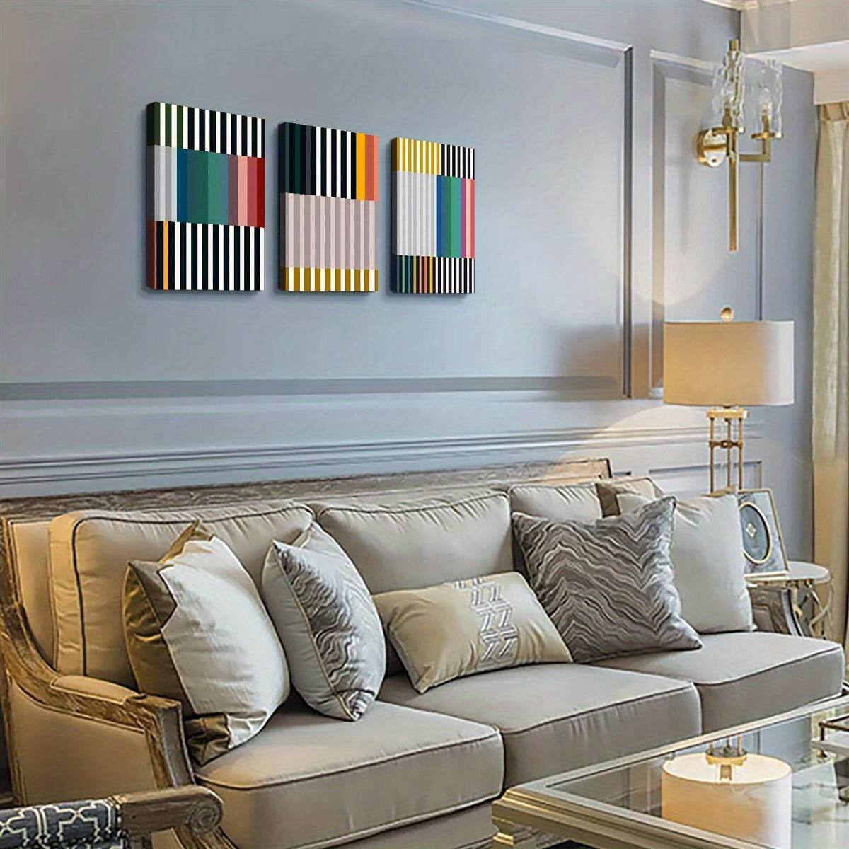 blue 3 Piece Abstract Geometric Canvas Art Print Set Modern & Art Deco ...