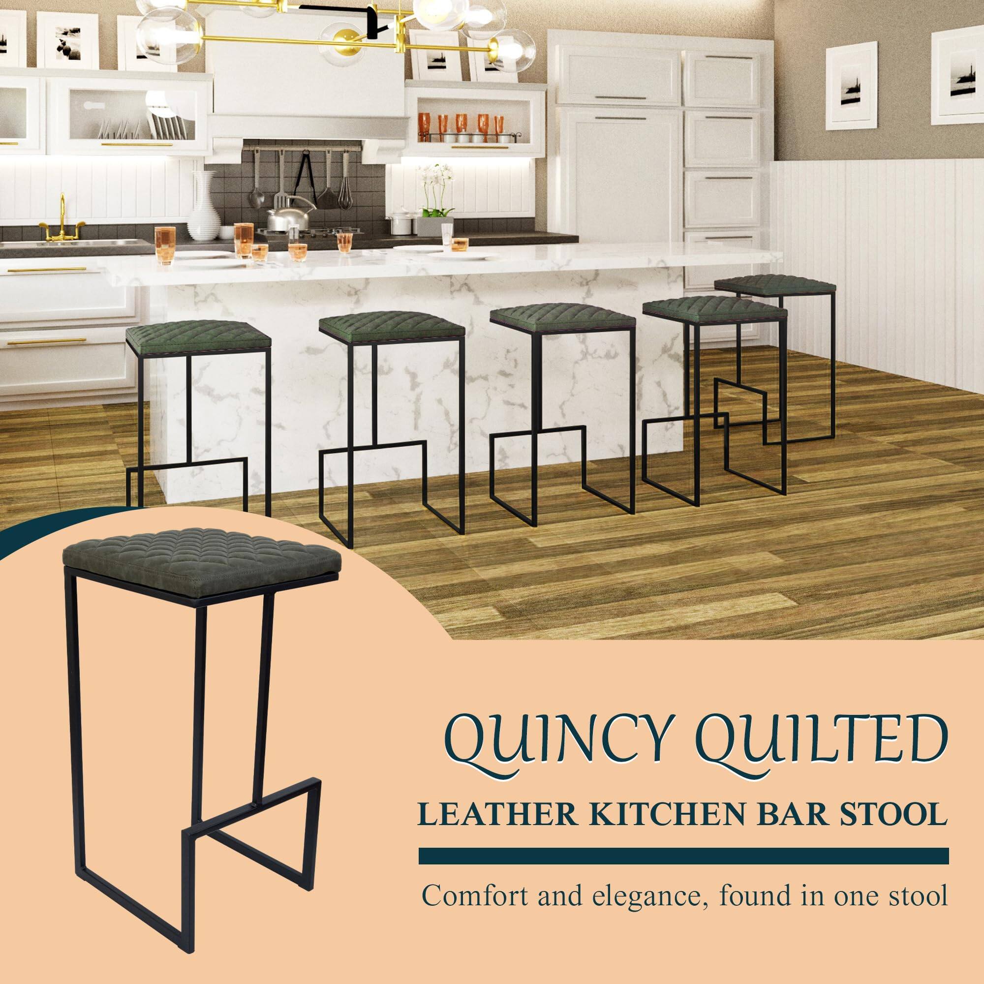 LeisureMod Quincy Modern Quilted Leather Bar Stool with Black Metal ...