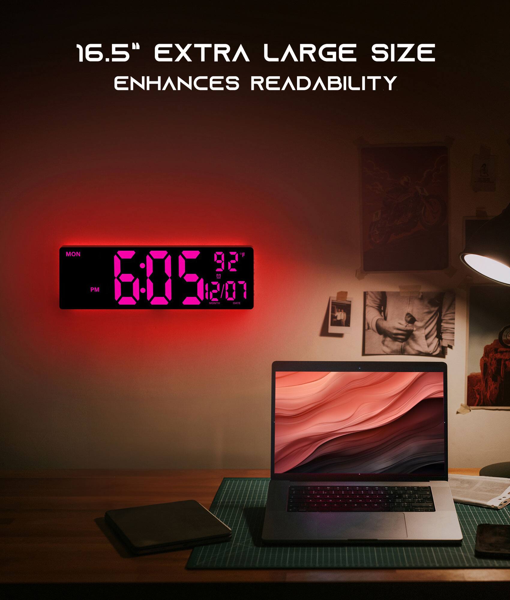 Easyera 16.5" Digital Wall Clock with Remote Control, RGB Lights, Dual ...