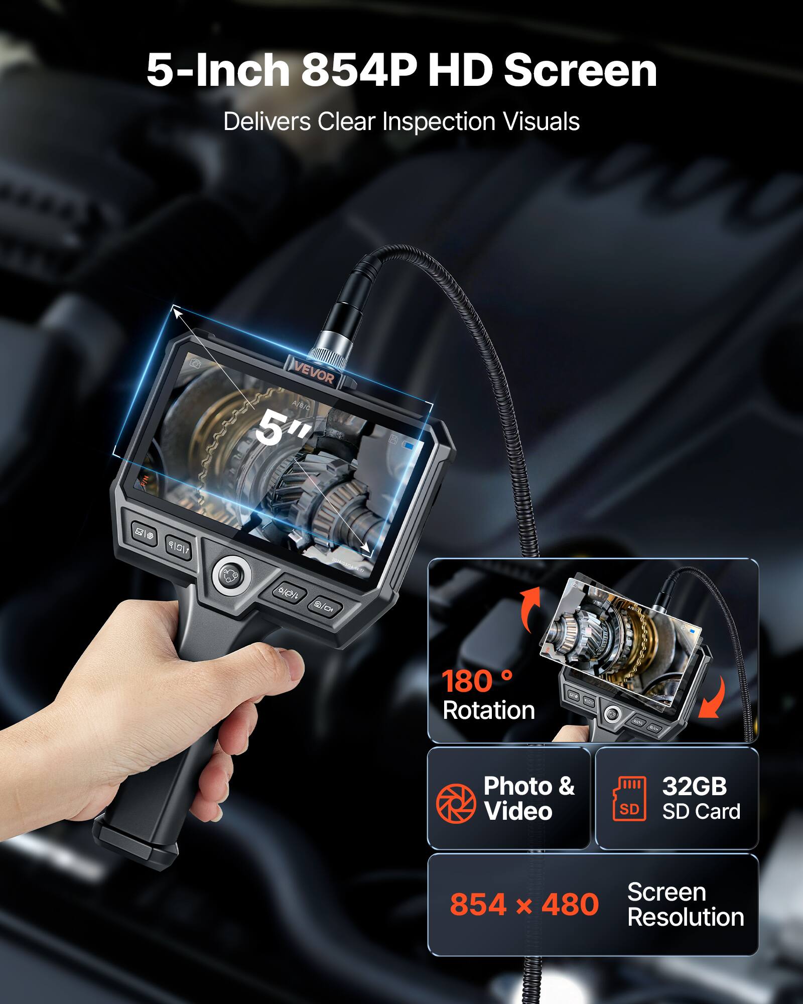 VEVOR Triple Lens Endoscope with Light, 5" HD IPS Screen Industrial ...