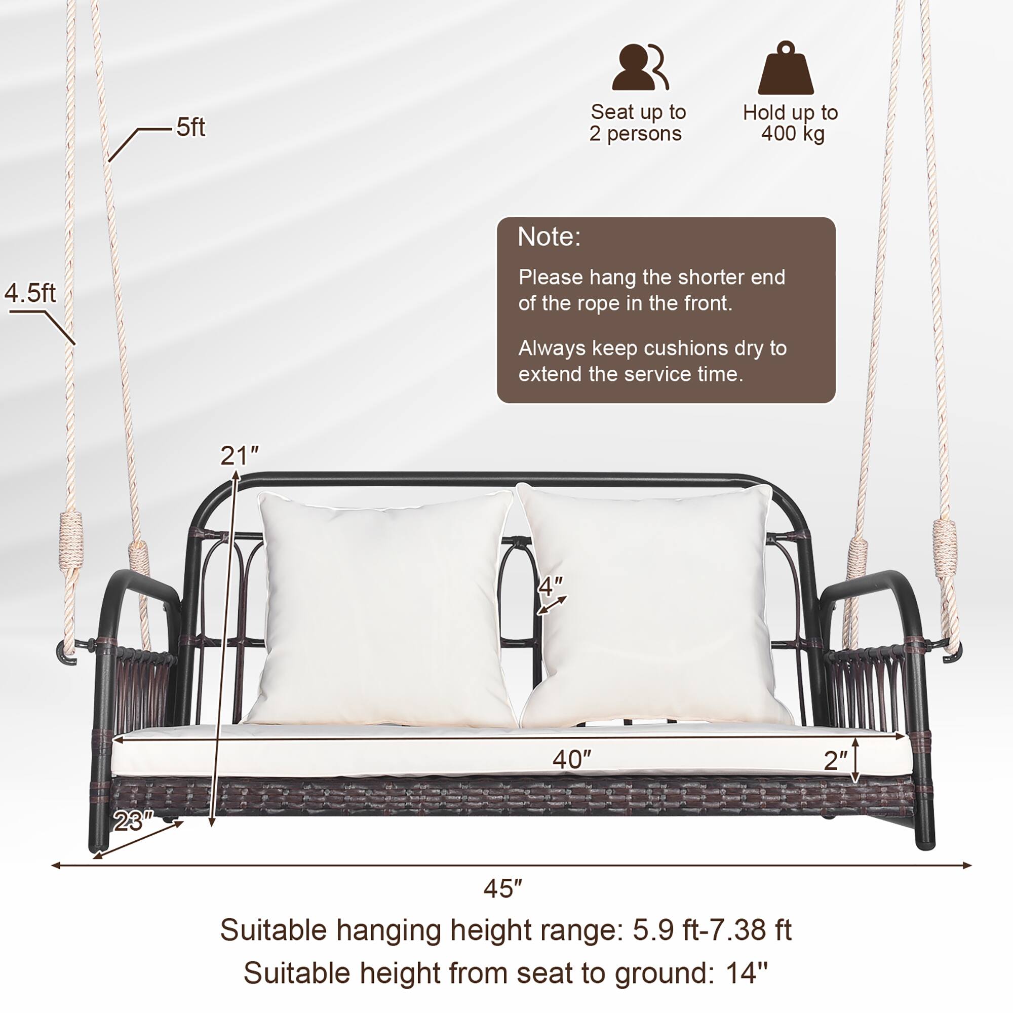 Gymax Wicker Porch Swing 2 Person Outdoor Patio Hanging Chair w ...