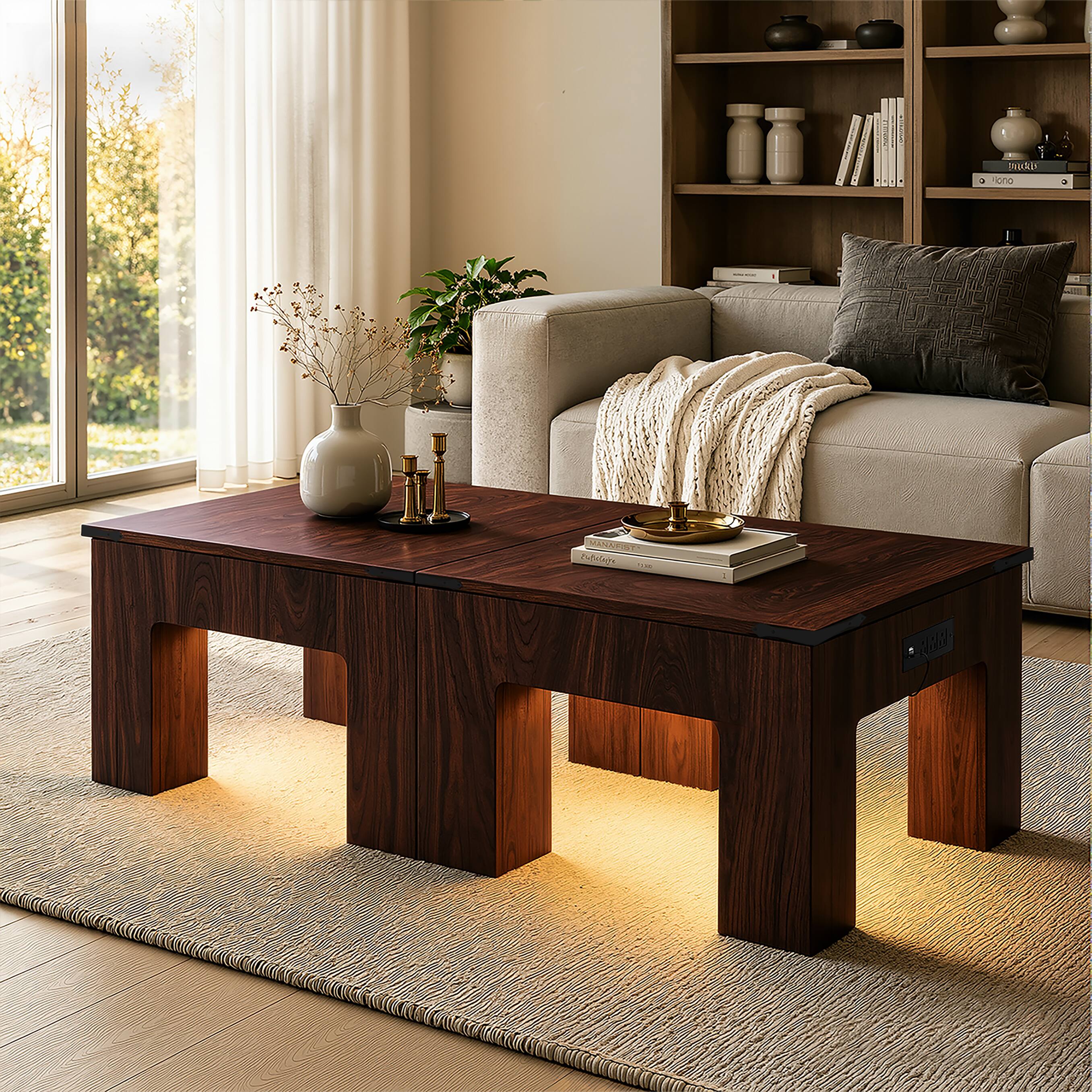 Aheaplus Square Coffee Table with Charging Station and LED Lights for ...