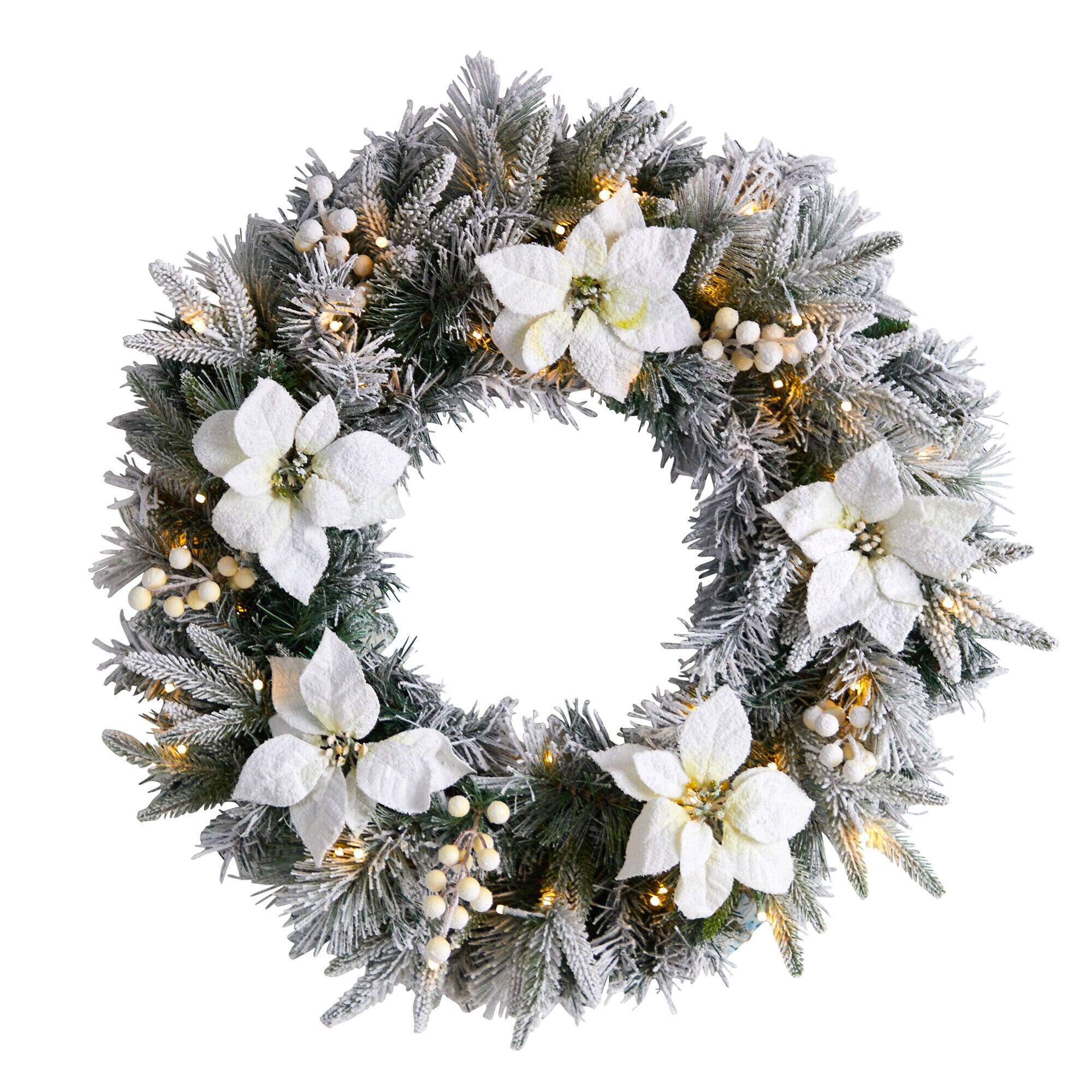 BreeBe 24” Flocked Poinsettia and Pine Xmas Wreath w/50 LEDs Multi ...