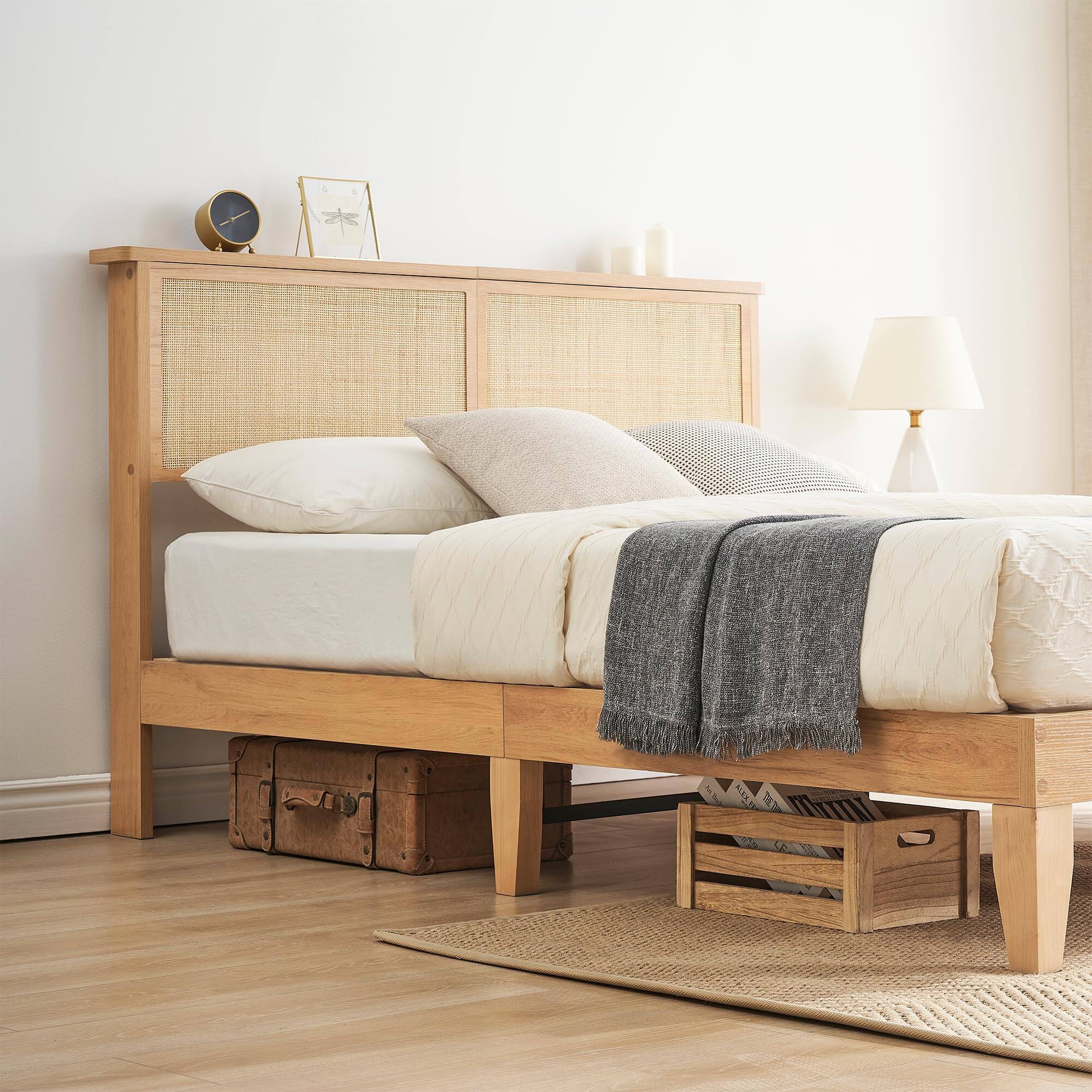 Babevy Queen Size Bed Frame with Rattan Headboard with Wooden Slats ...