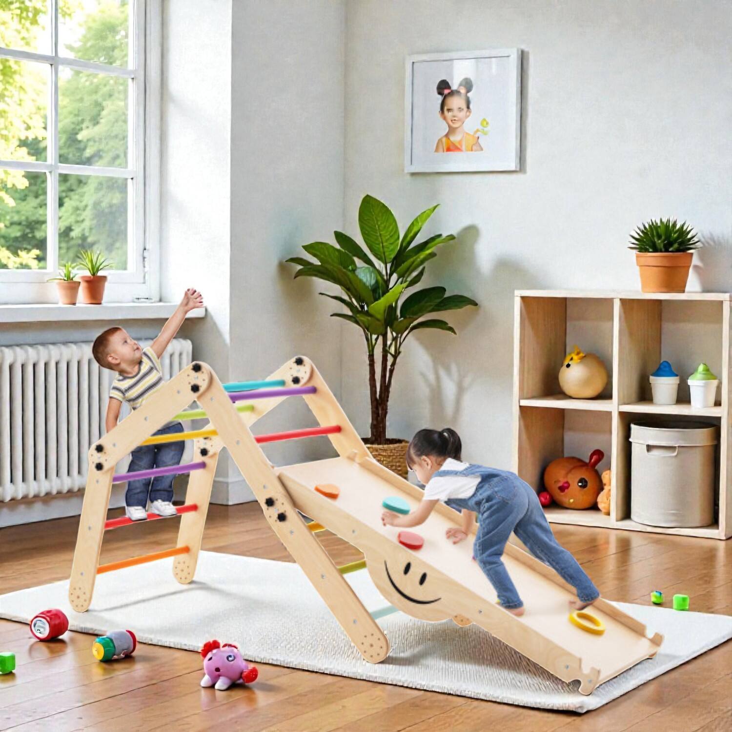 BreeBe Indoor Adventure Triangle Climbing Ladder with Two Sided Ramp ...