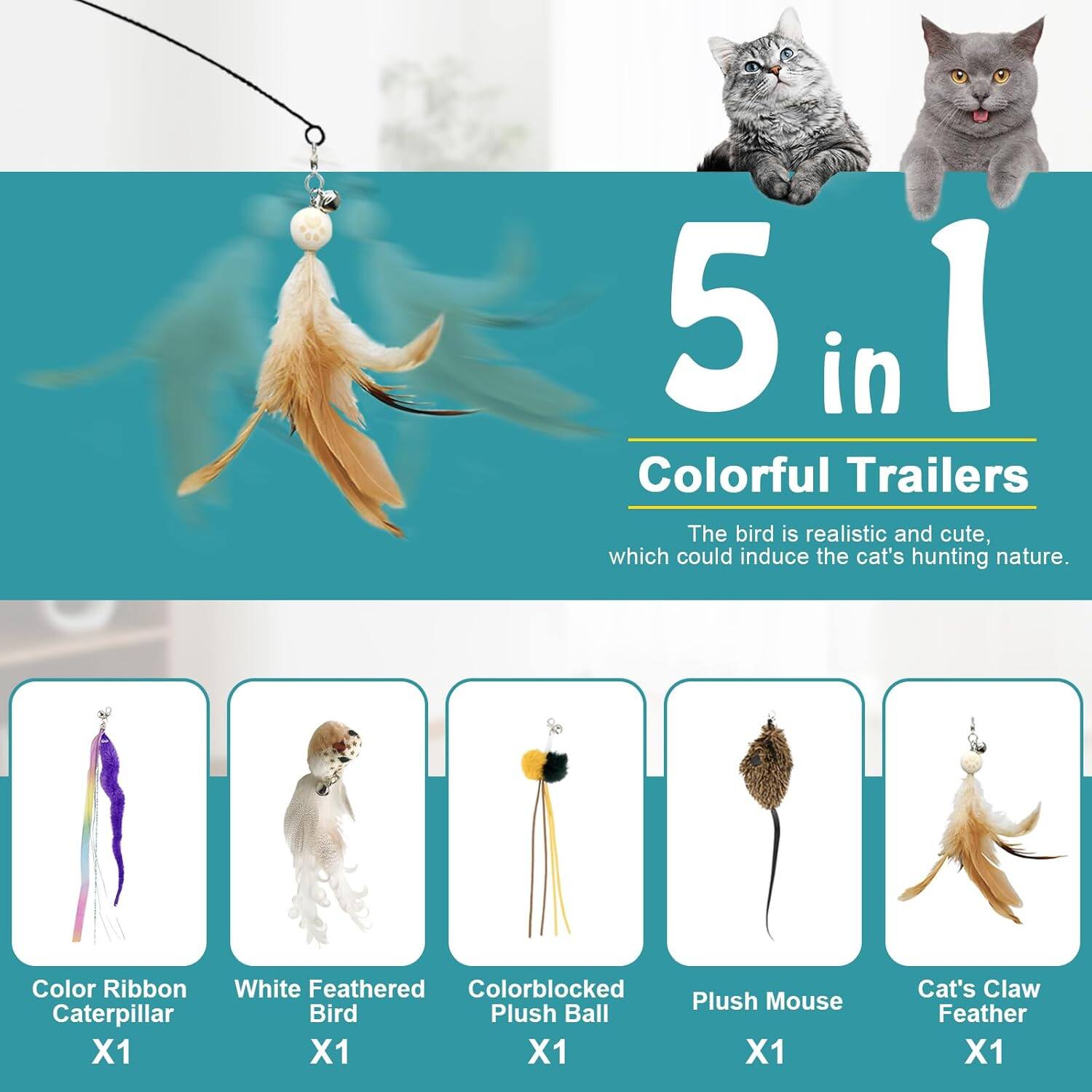 Auledio 5 IN 1 Interactive Cat Toy Playing Teaser Wand Toy Suction Cup ...