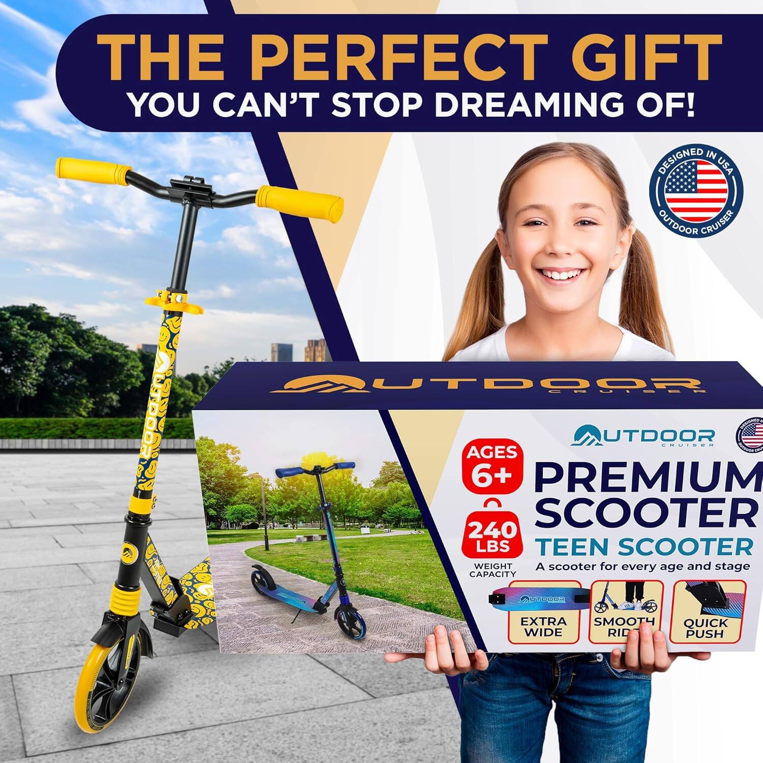Outdoor Cruiser Kick Scooter – Foldable, 8" Wheels, 3 Level Adjustable ...