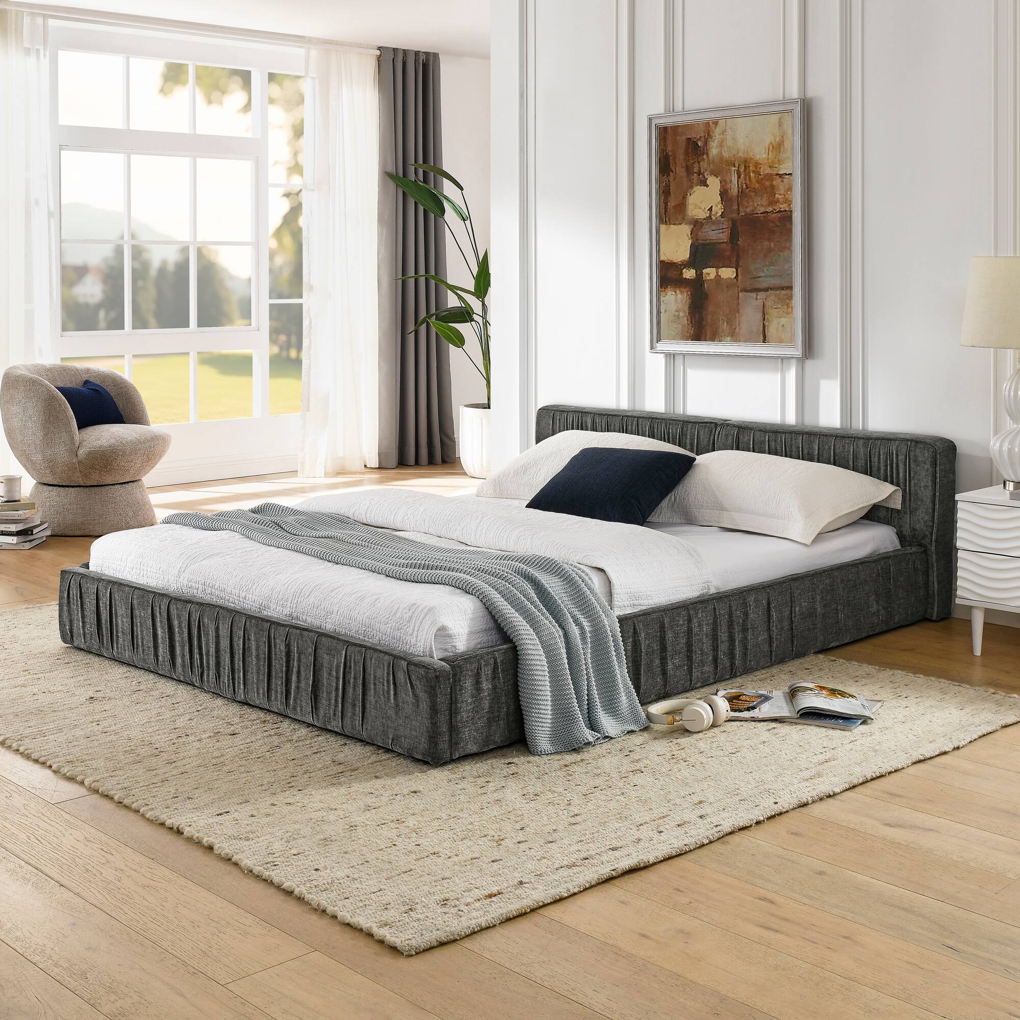 Spaco Solid Queen Platform Bed, Chenille Headboard with Pleating ...