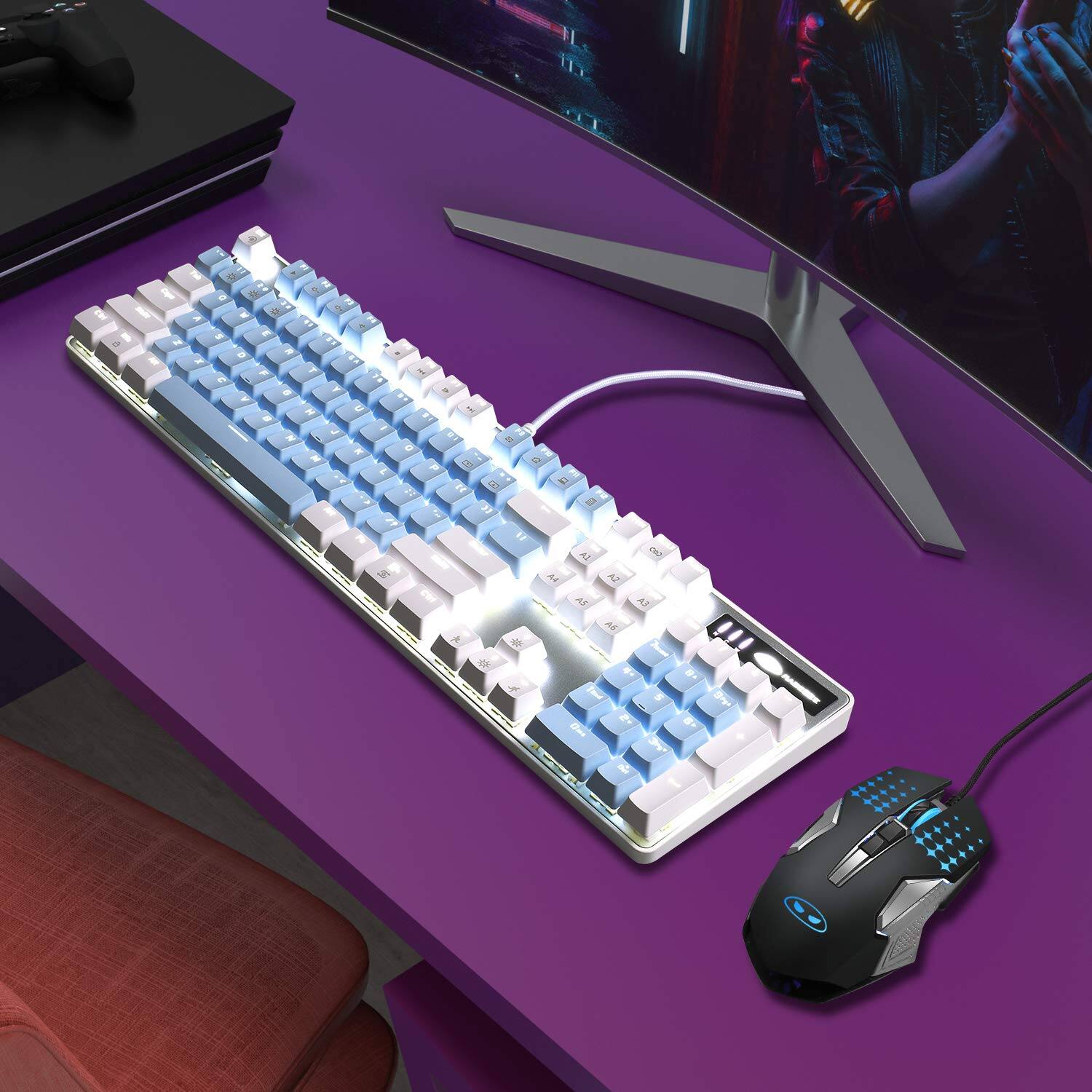 Stamp n Camp Mechanical Gaming Upgraded Blue 104 Keys White Backlit ...