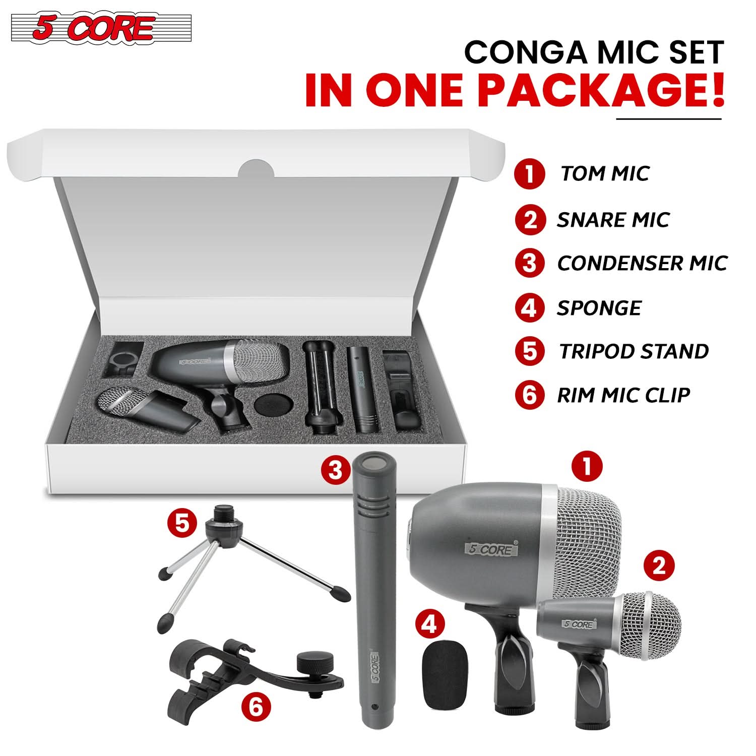 5 CORE Conga Mic Snare Tom Microphone Drum Kit Condenser XLR Instrument ...