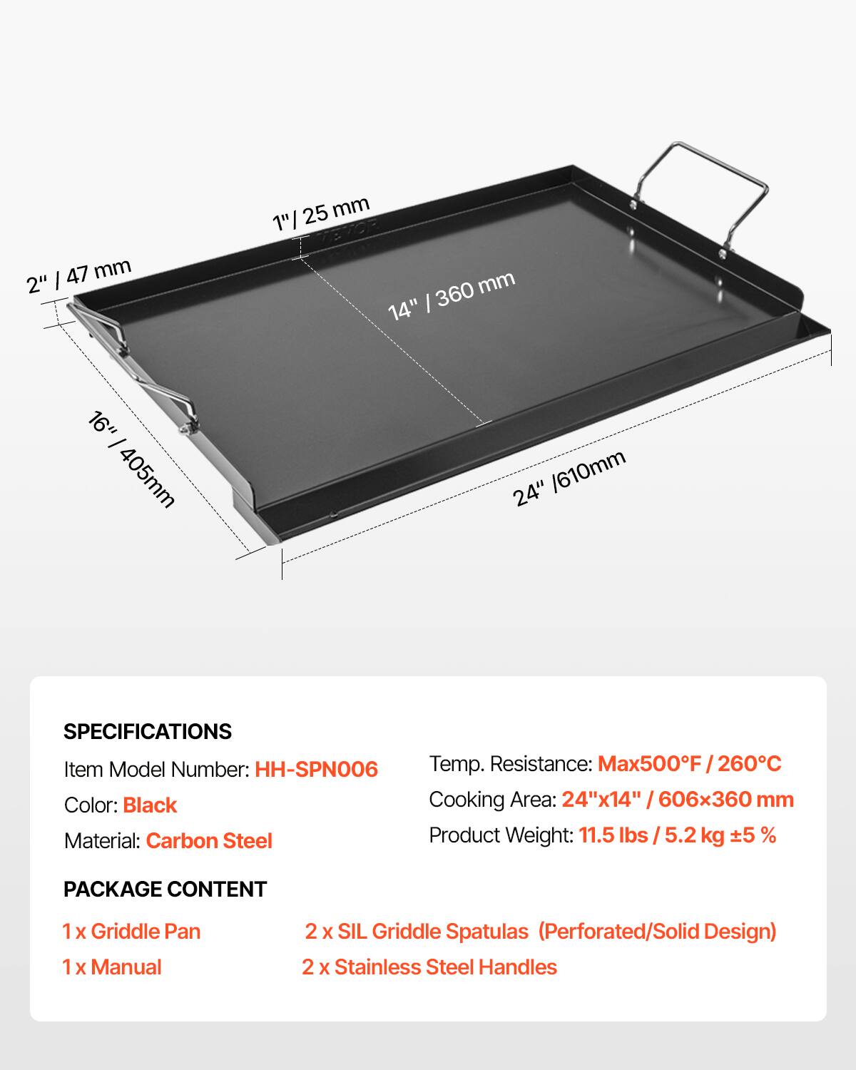 VEVOR Carbon Steel Griddle, 24x16 inch Universal Flat Top Rectangular ...