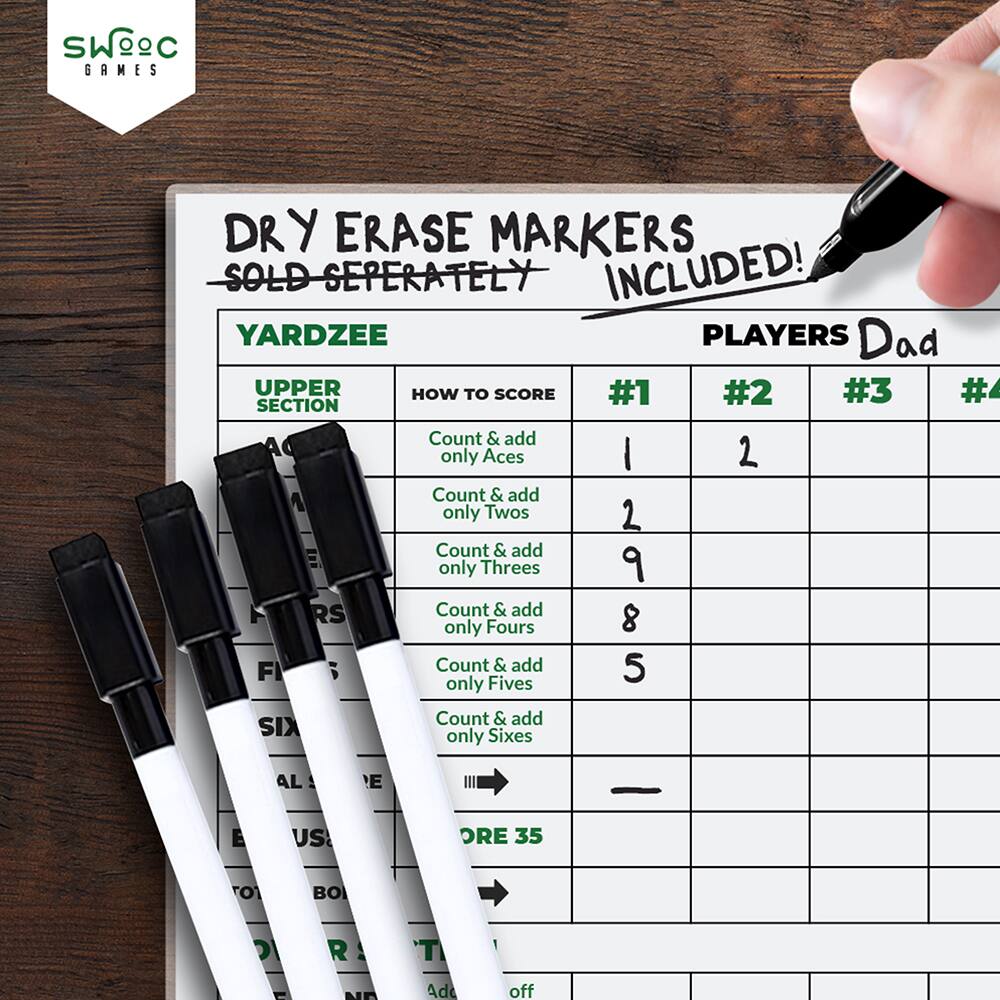 Swooc Games 5 Big Dry Erase Yardzee & Farkle Score Cards with 5 Markers ...