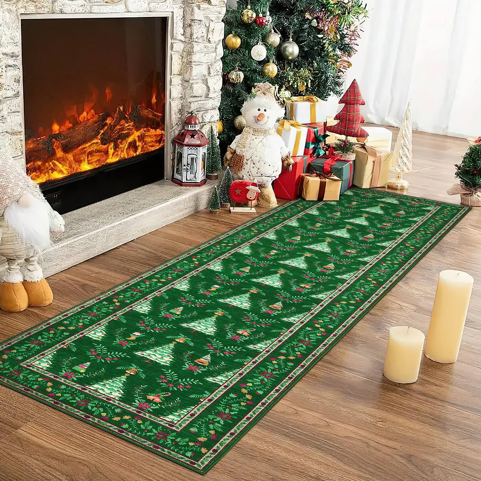 Jojoka 2x6 ft Christmas Runner Rug, Red Polyester, Christmas Tree Print ...
