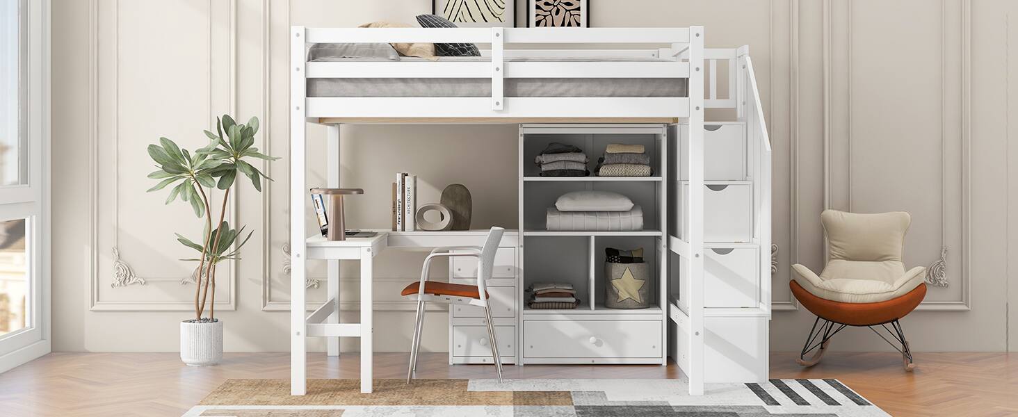 Tiramisubest Full Size White Pine Loft Bed with L Shaped Desk, Drawers ...