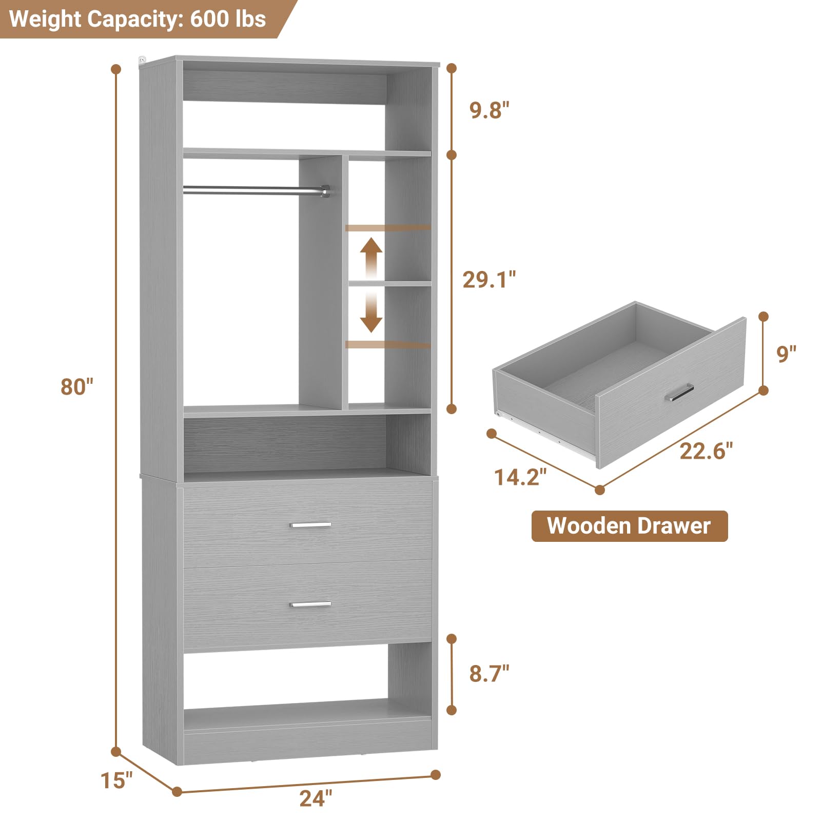 Aheaplus Freestanding 24" Closet System with 2 Wood Drawers, 6 Shelves ...