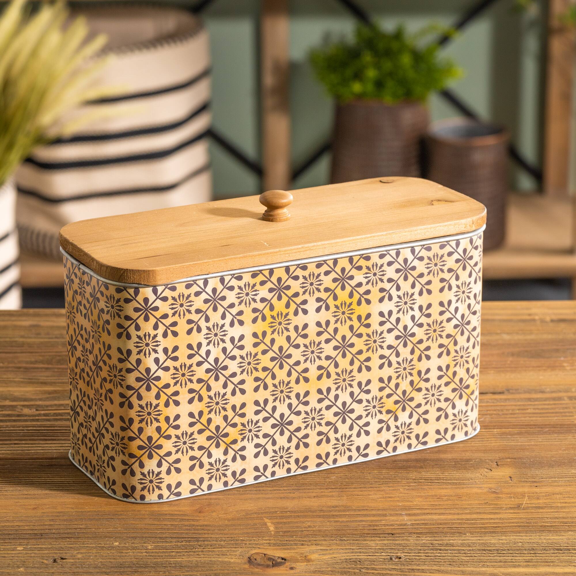BreeBe Geometric Canister with Natural Wood Lid 11"L Black, Beige ...