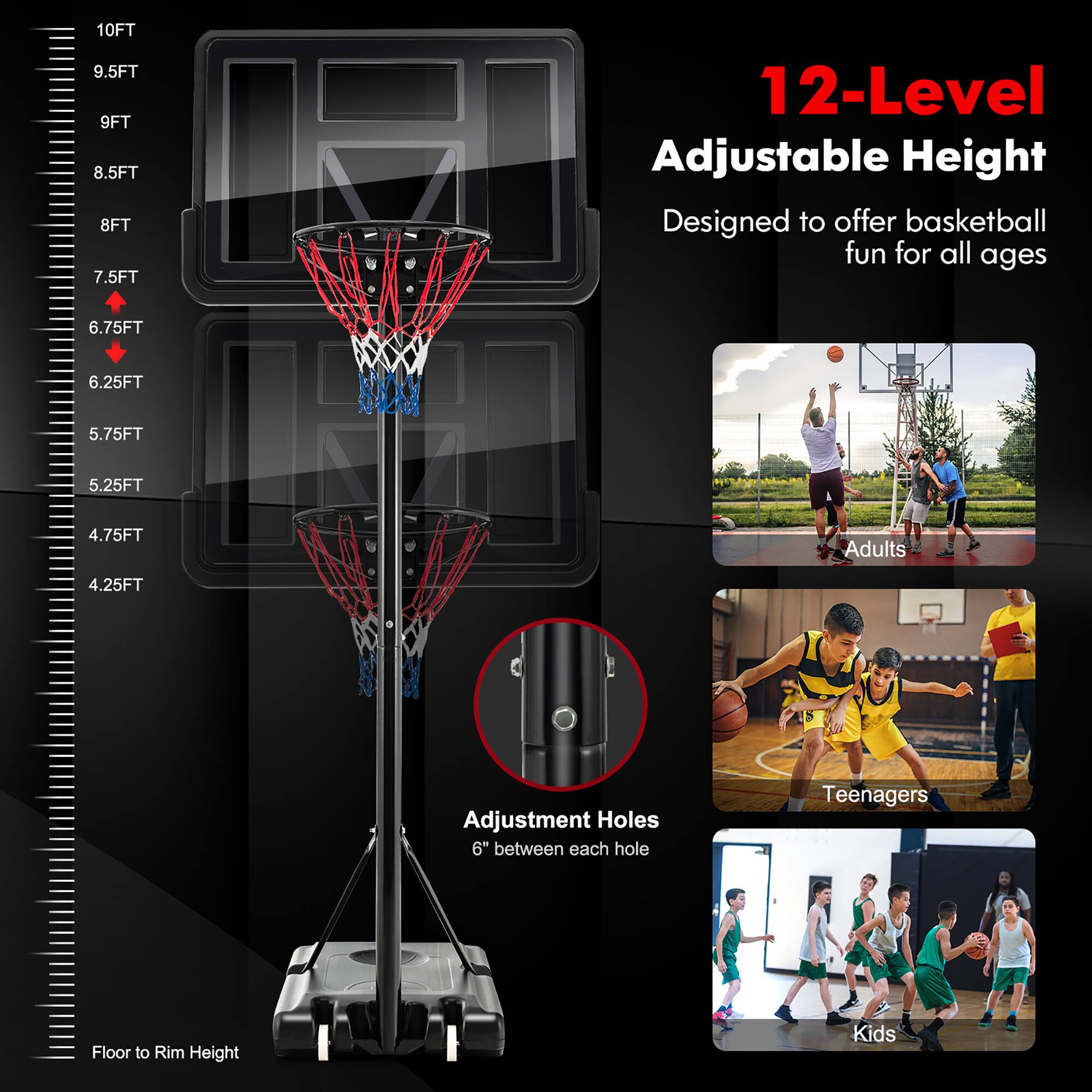 Costway 4.25 10FT Portable Adjustable Basketball Hoop System with 44 ...