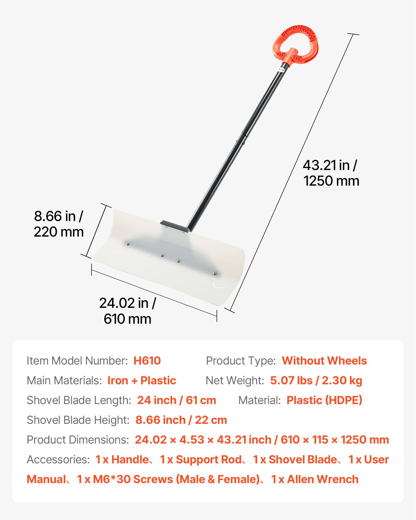 VEVOR Snow Pusher Shovel, 24 in Wide Outdoor Snowplow Shovel with Grip ...