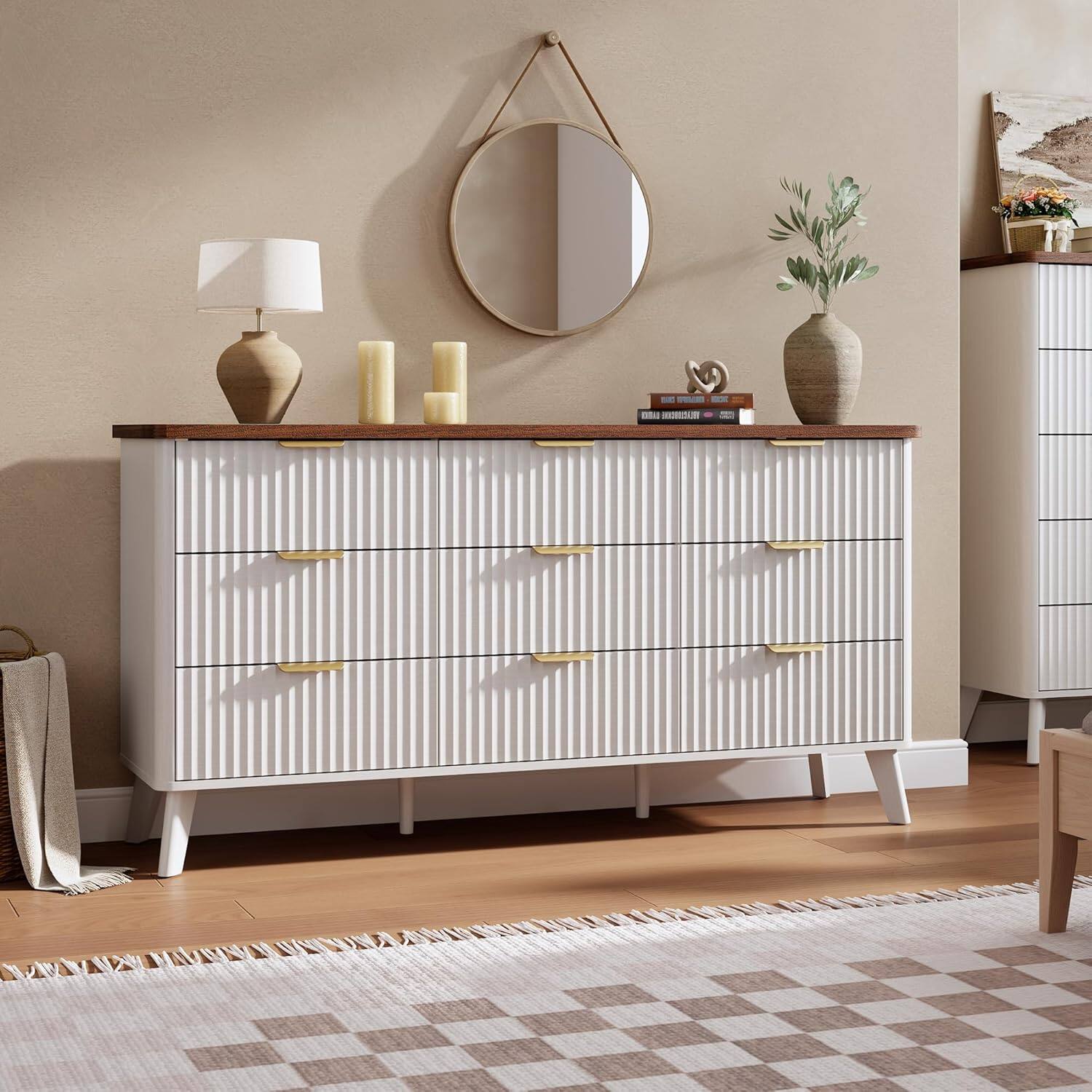 Acekool Fluted Dresser with 9 Deep Drawers, 60.6" Wide Chest & TV Stand ...