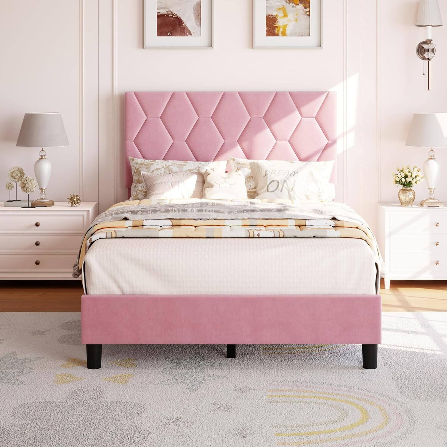 GARVEE Twin Platform Bed Frame Pink Upholstered Headboard No Box Spring ...