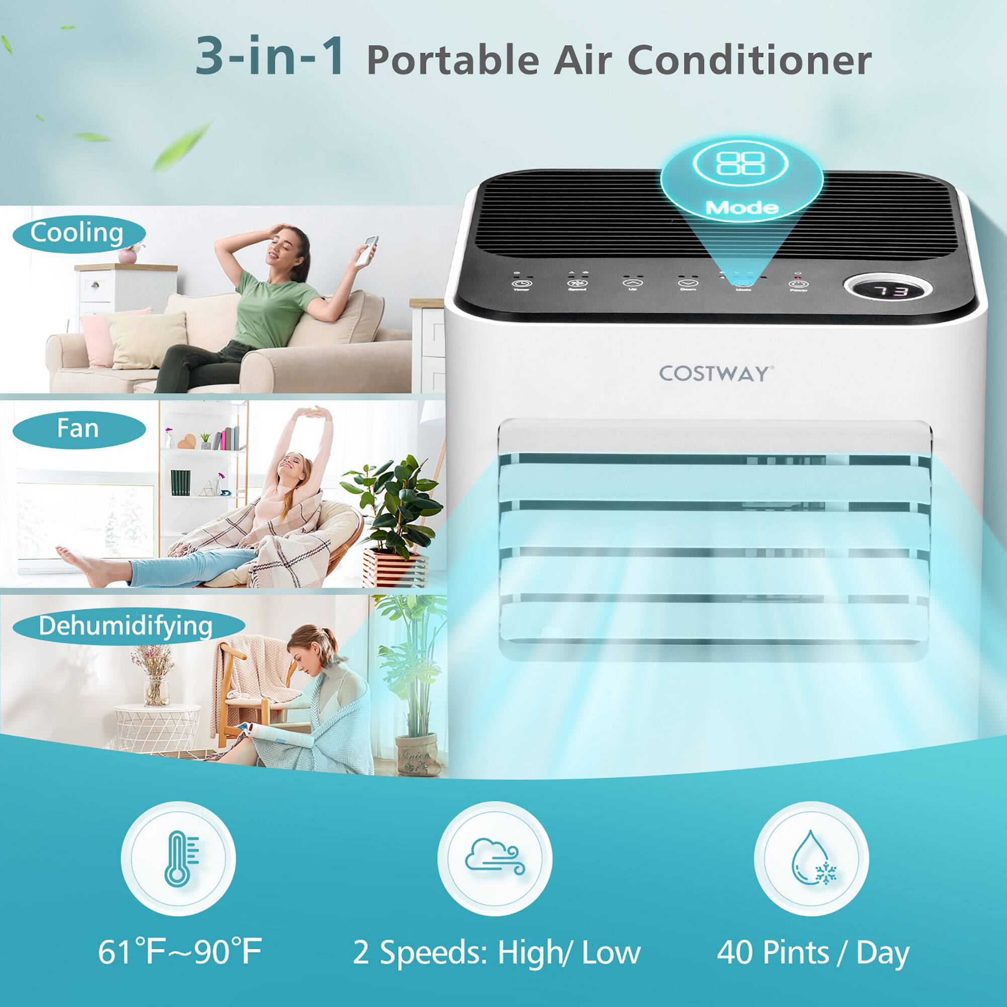 Costway 8000 BTU Portable Air Conditioner Cools up to 250 sq.ft 3 in 1 ...