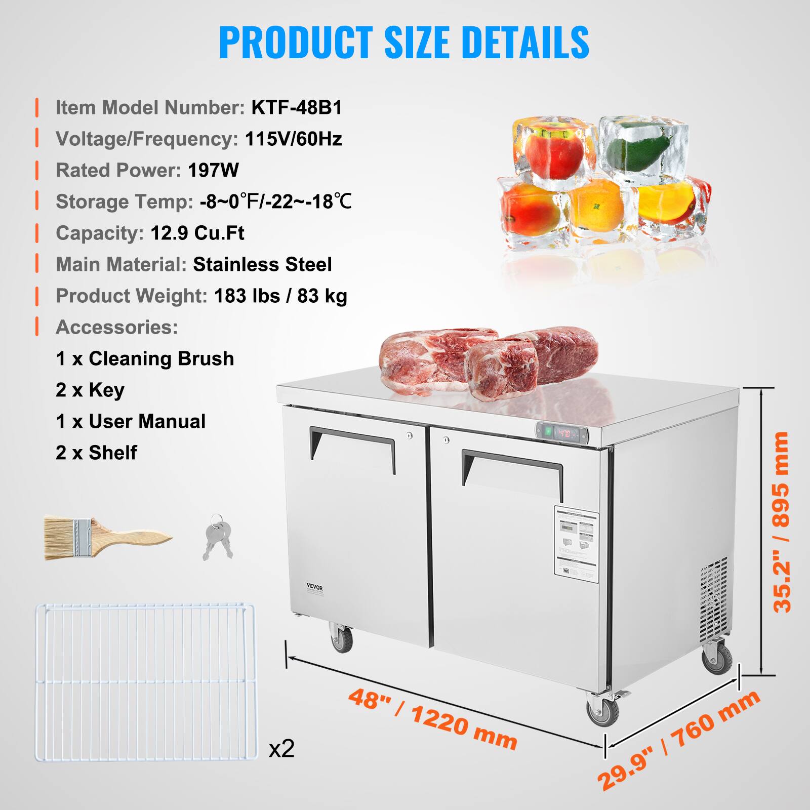 VEVOR 48" Commercial Frozen Refrigerator Sandwich & Salad Prep Table, 12.9 Cu. Ft Silver KTF ...