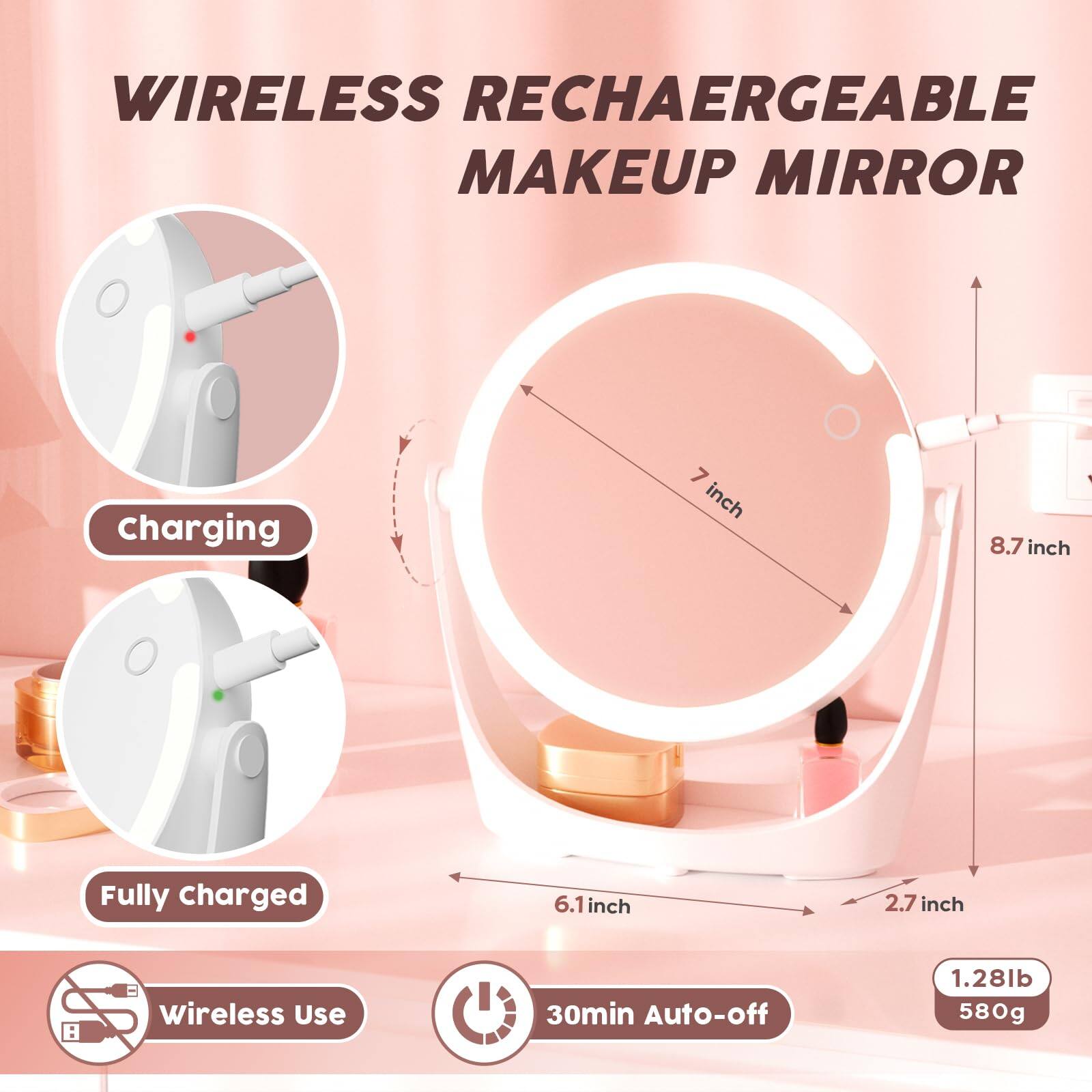 Cedar Assembly Mirror LED Lighted Magnifying Rechargeable Vanity Makeup ...