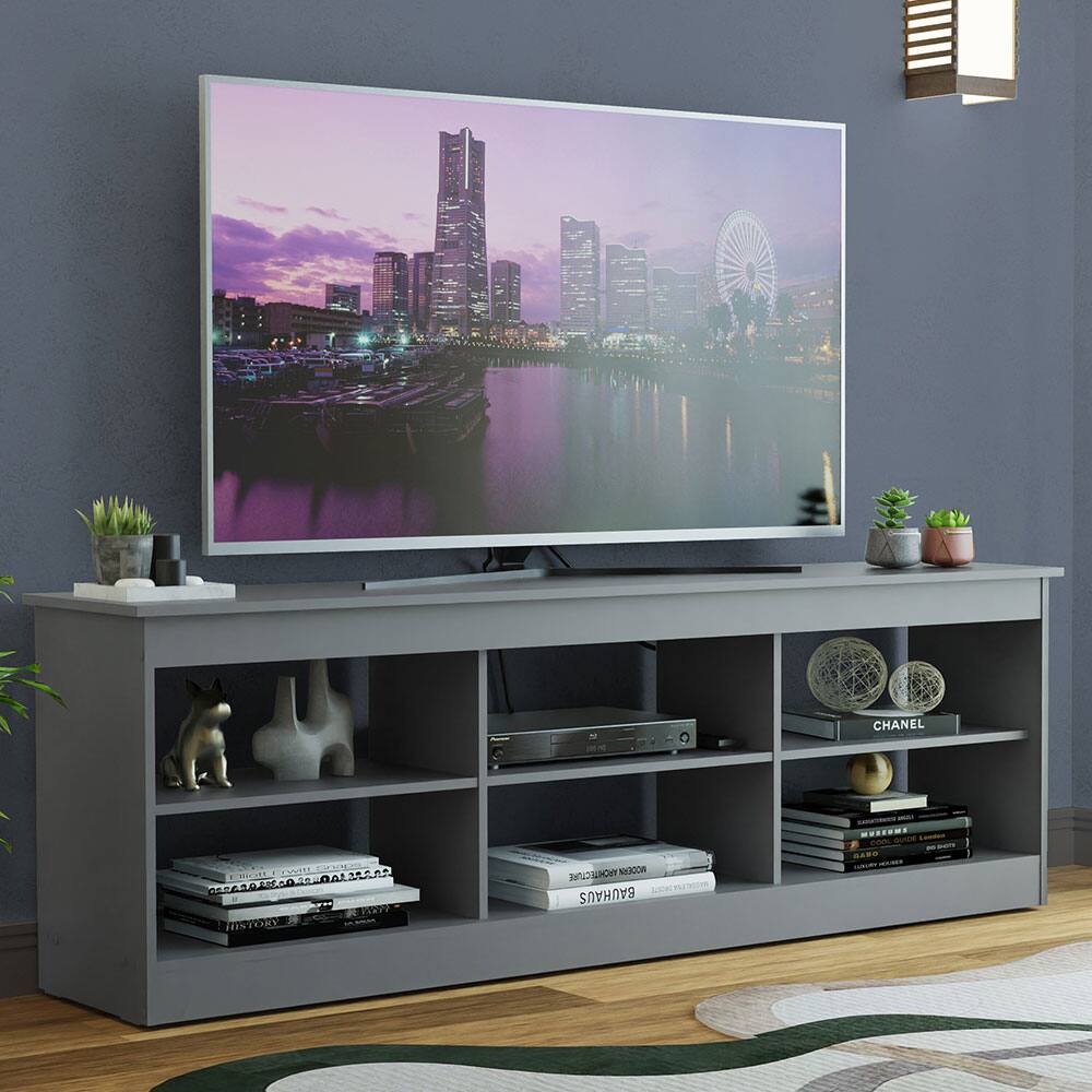 Madesa TV Stand with 6 Open Shelves Cable Management 70"L Living Room ...