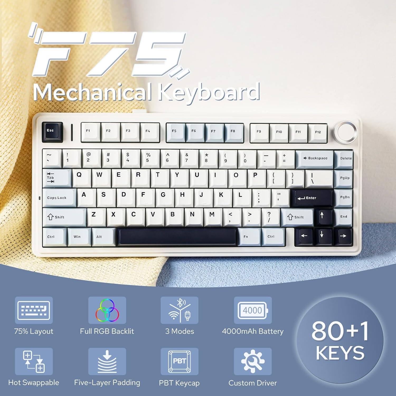 AULA F75 81 Key Wireless Hot Swappable Mechanical Gaming Keyboard, RGB ...
