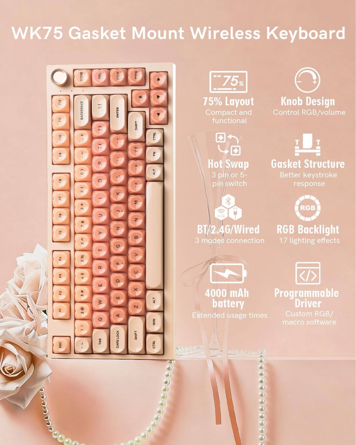 Womier WK75 Wireless Mechanical Keyboard with Knob, 75% Foundation ...