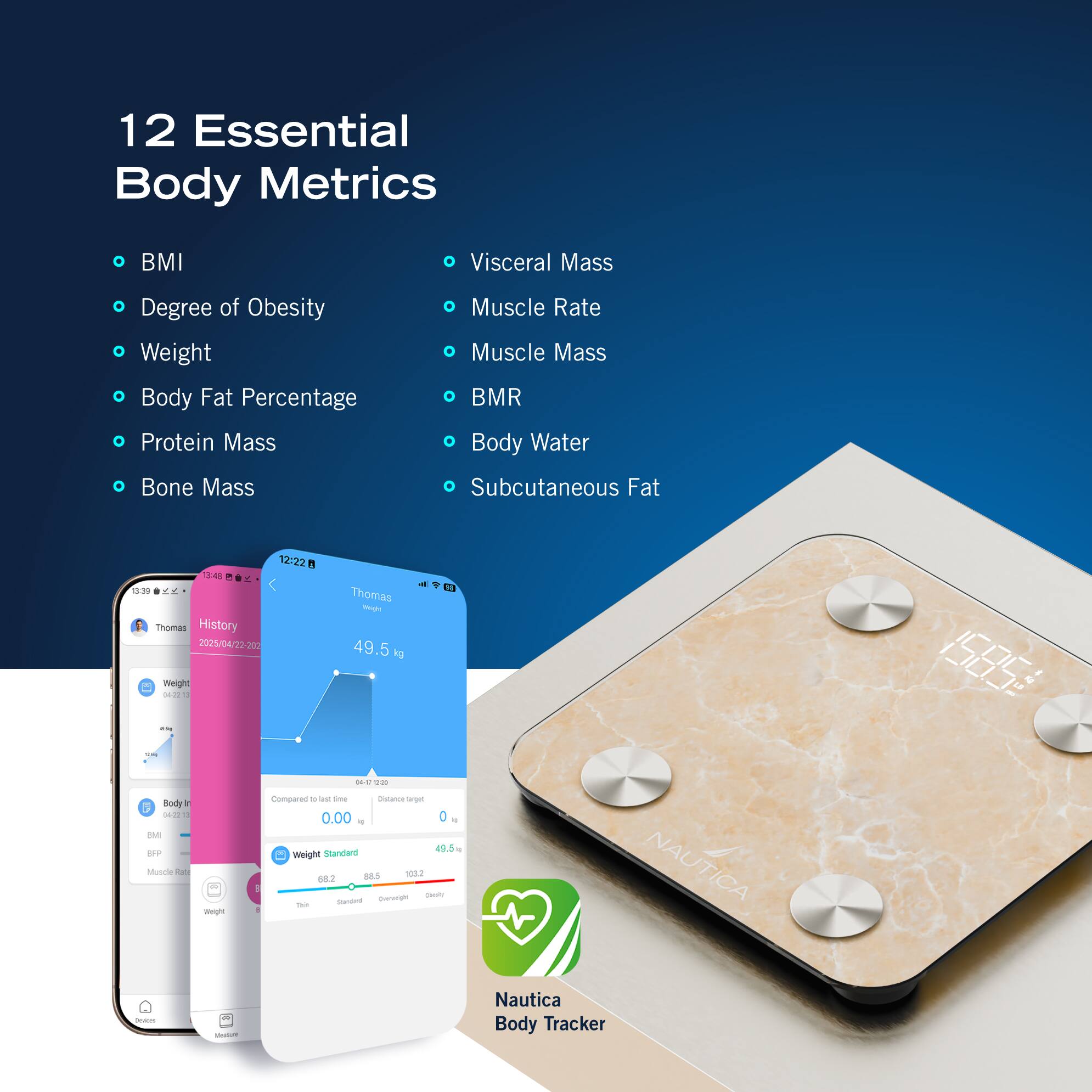 Nautica Smart Body Scale, Fat, Muscle Mass Tracking & More, Syncs with ...