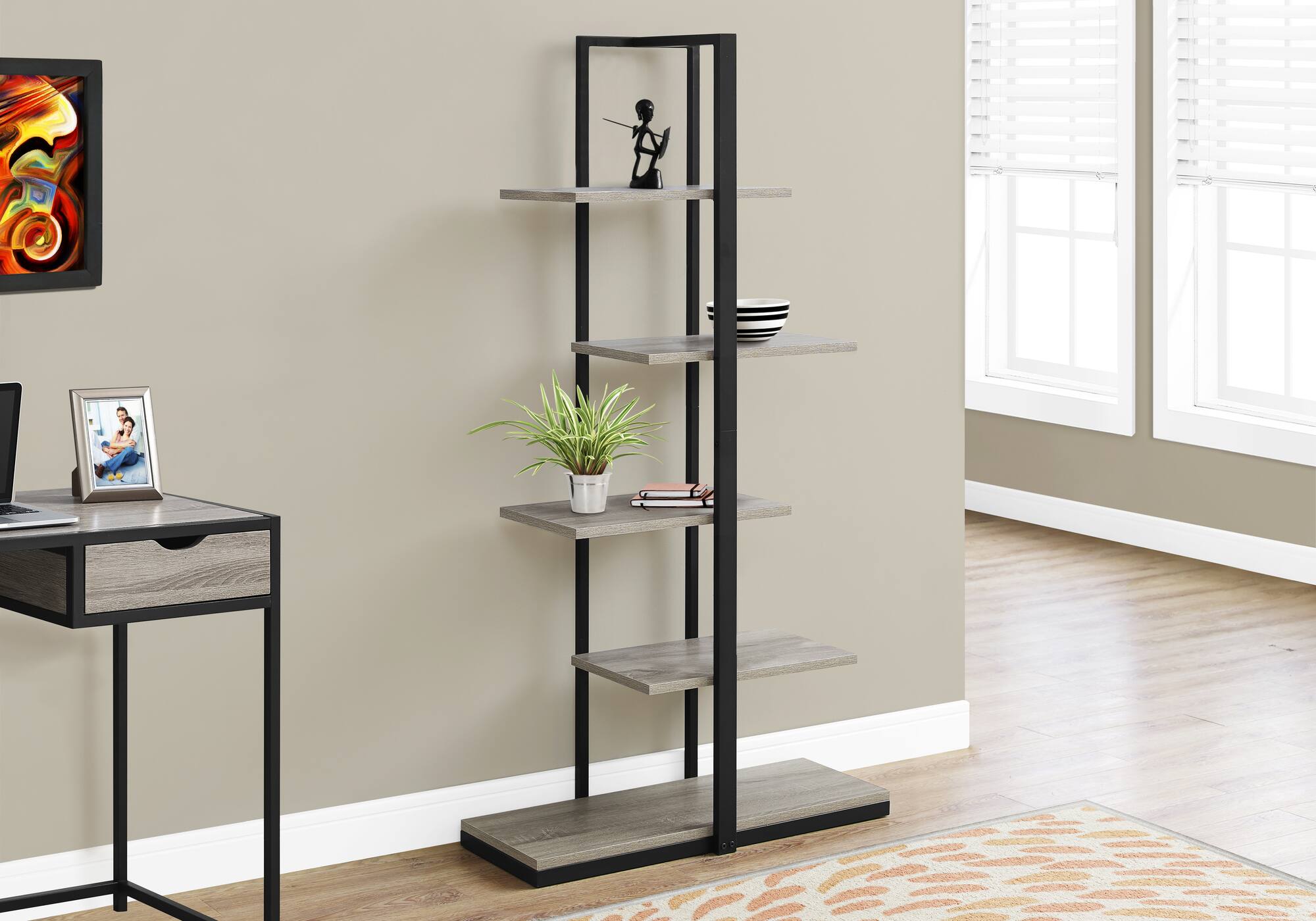 TinyHomie Bookshelf Bookcase Etagere 5 Tier 60in H Brown Laminate Black ...