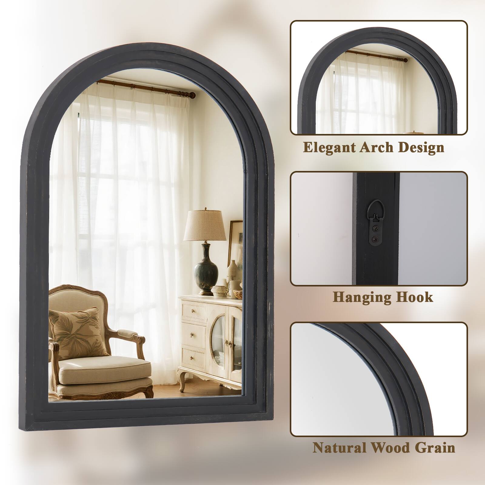 Easly 24 in. W x 36 in. H Arched Wood Frame Vanity Wall Mirror Black ...