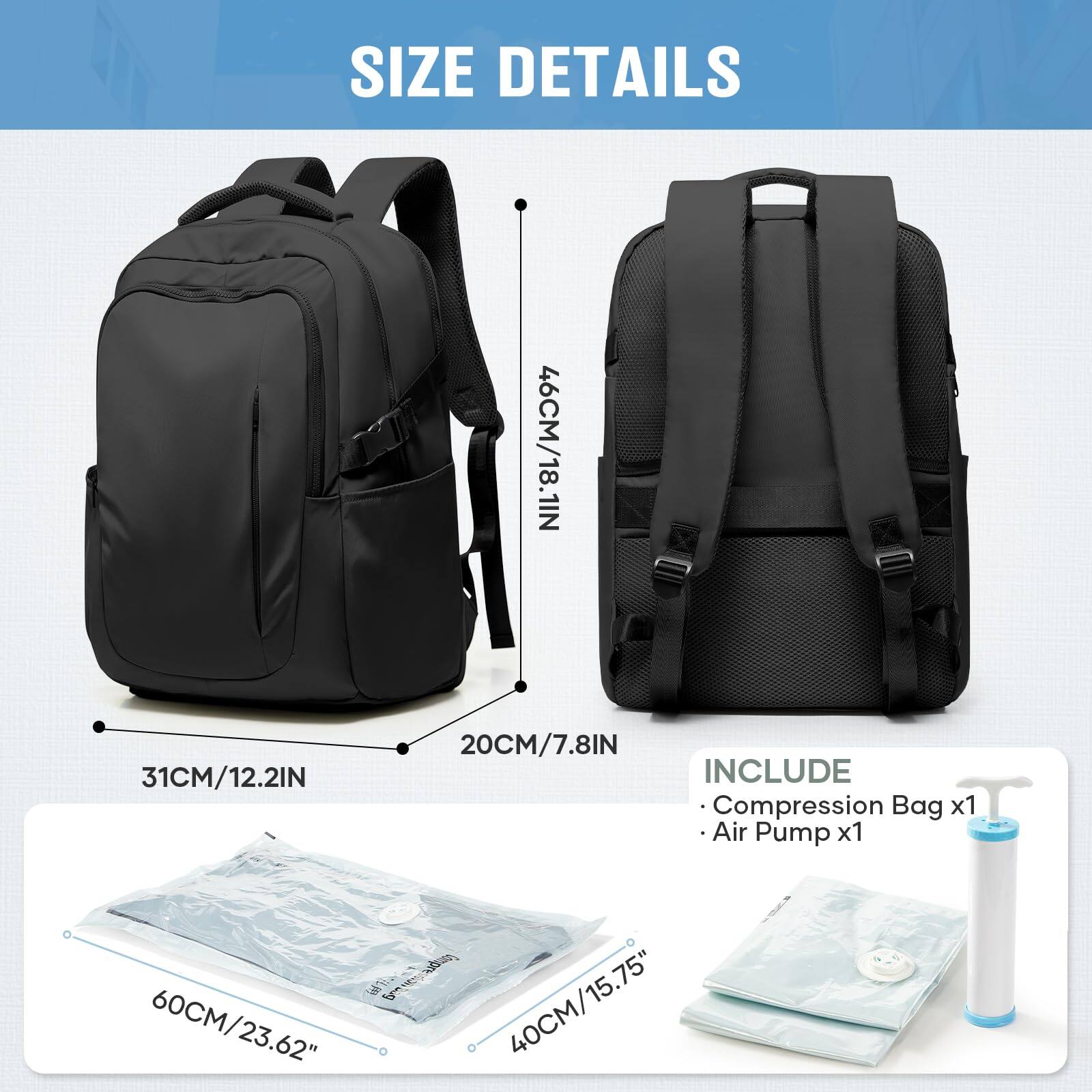 Cozy Serene Travel Backpack With 2 Pack Vacuum Bags And Hand Pump ...