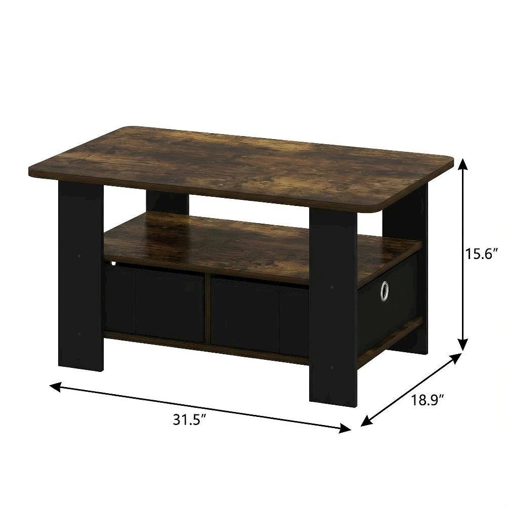 FurniFact Amber Pine Black Coffee Table with Bin Drawer and Durable ...