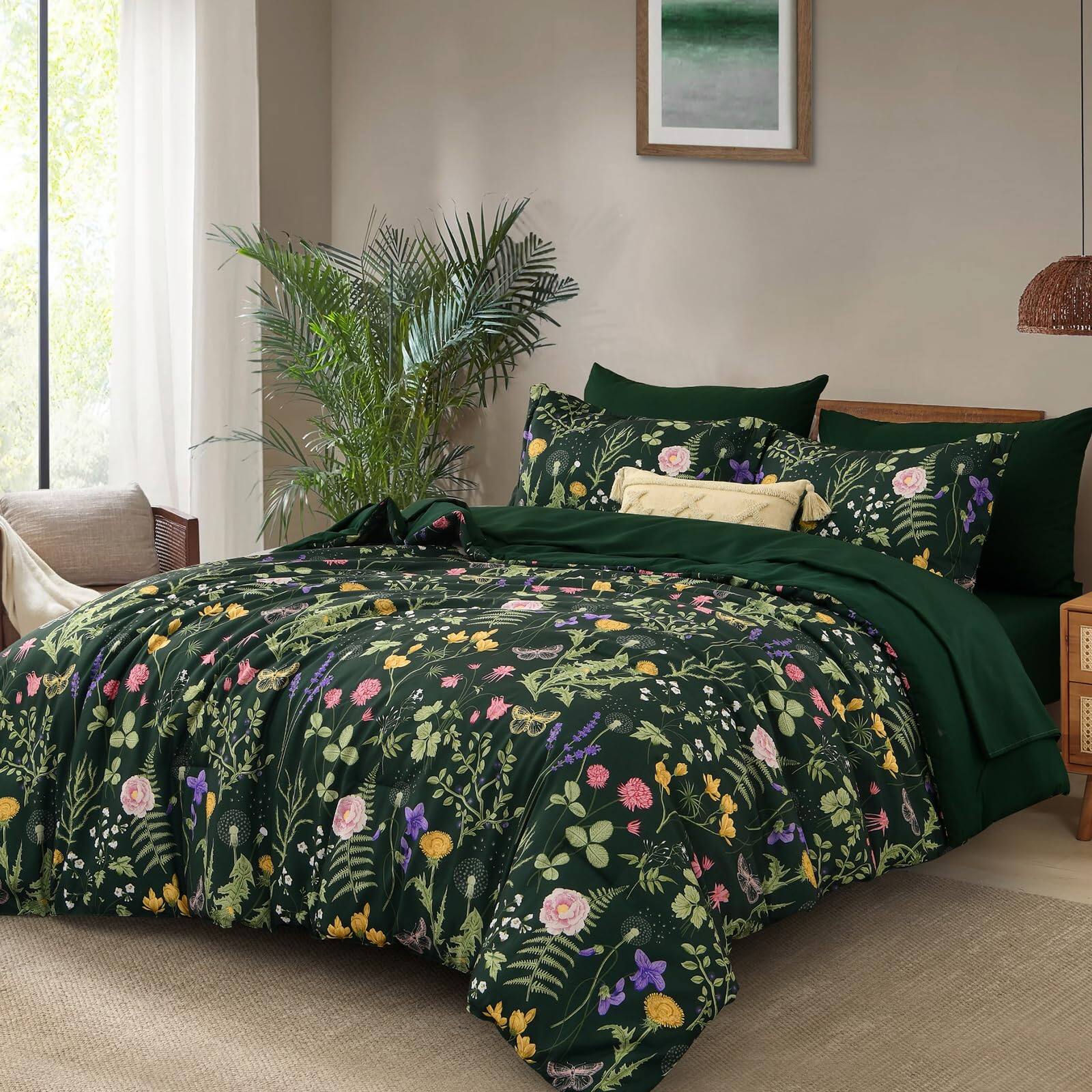 Dapper Styles Queen Comforter Set Dark Floral Bedding Bed In A Bag With ...