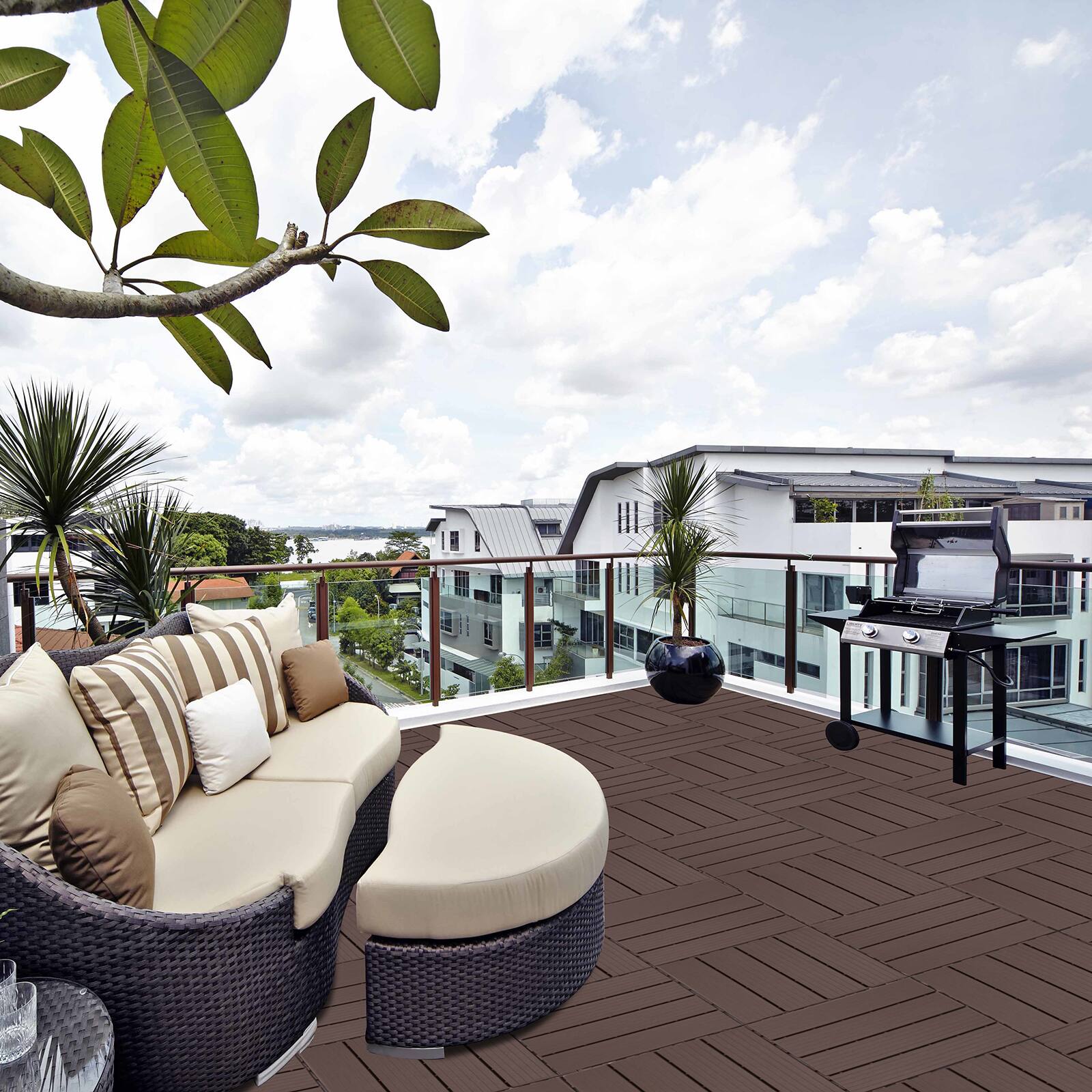 APRILSOUL 44pcs 12x12in Plastic Interlocking Deck Tiles Outdoor Waterproof Light Coffee Brown SF ...