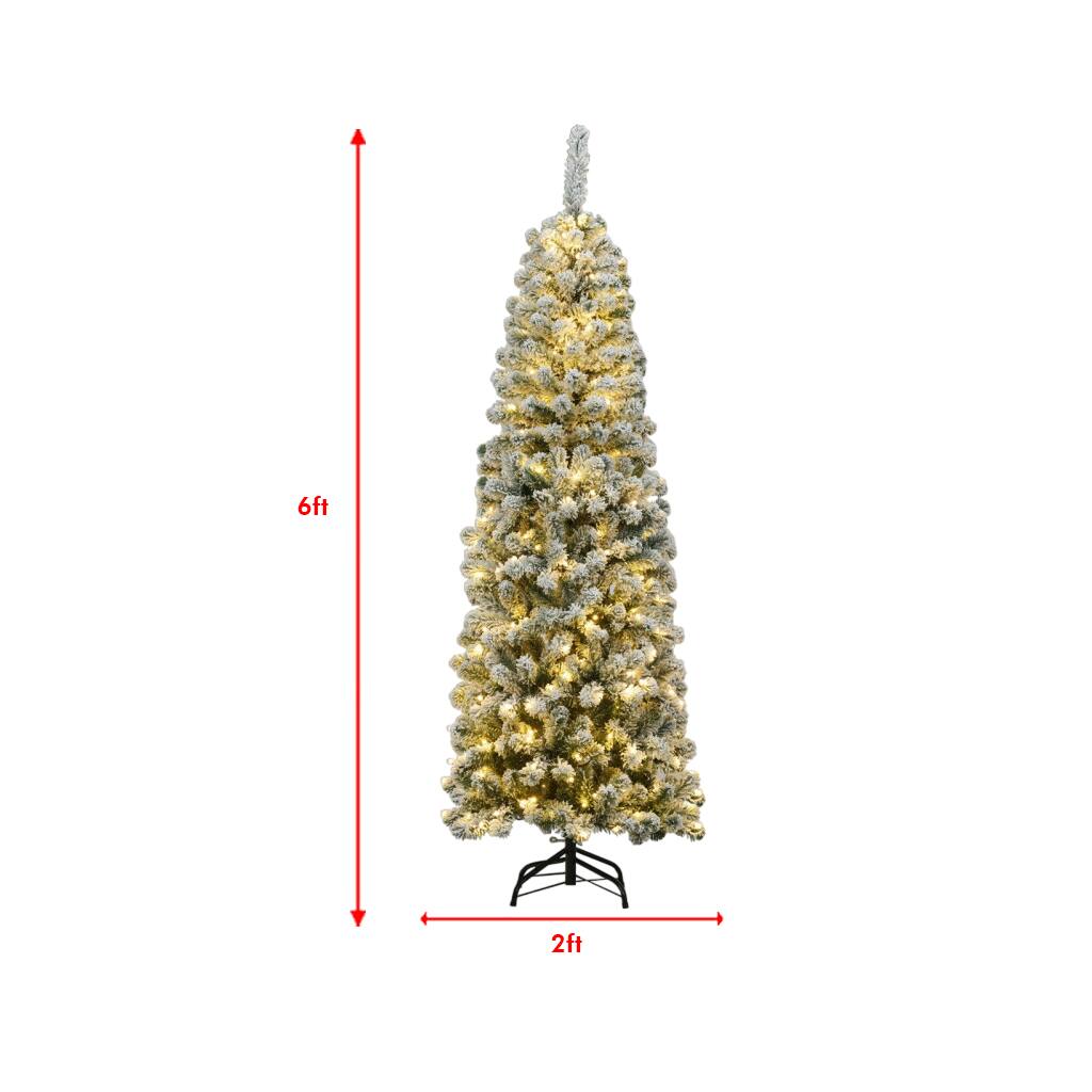 BreeBe Pre Lit 6FT Snow Flocked Pencil Christmas Tree – 250 LED Lighted ...