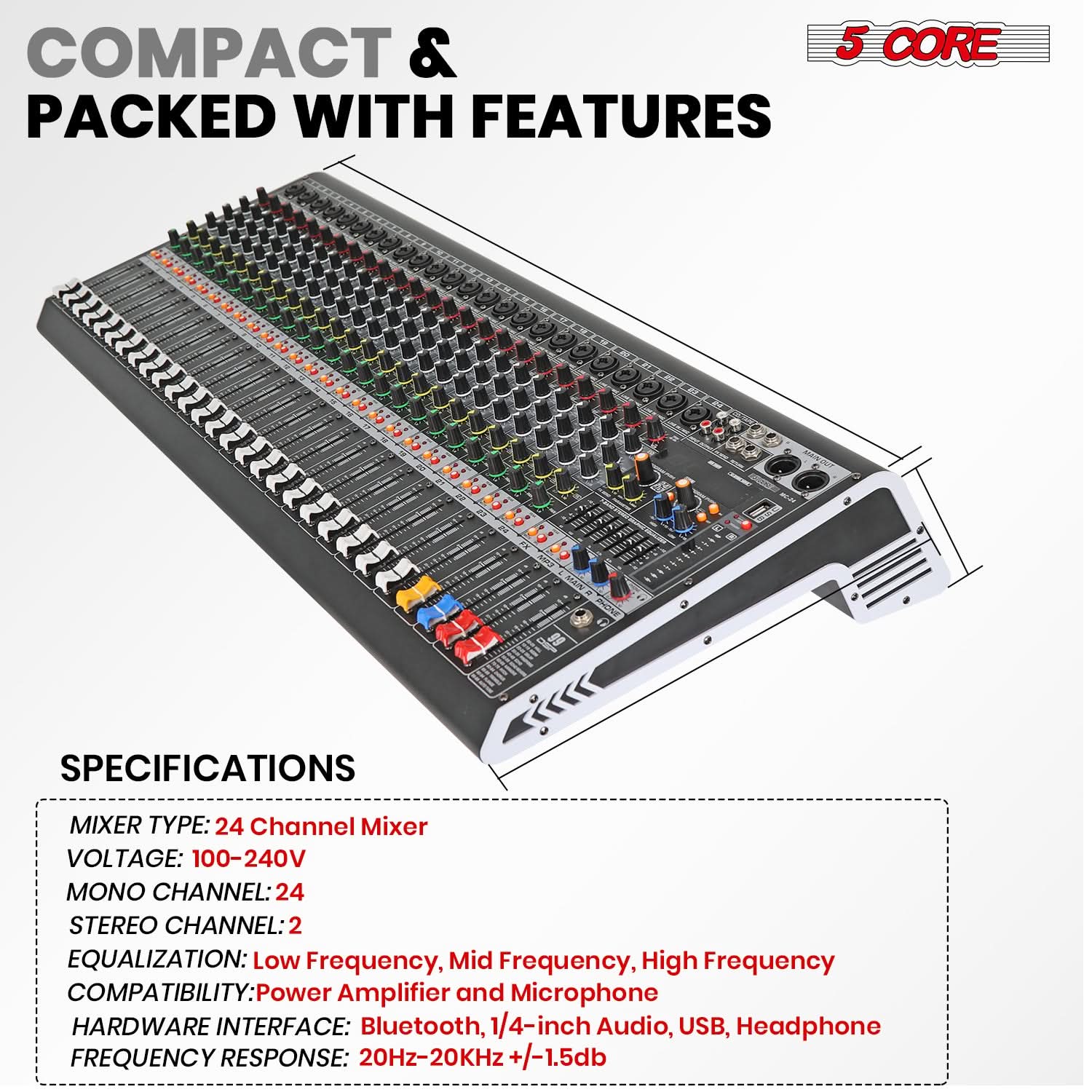 5 CORE Audio Mixer 24 Channel DJ Soundboard USB Interface Bluetooth ...