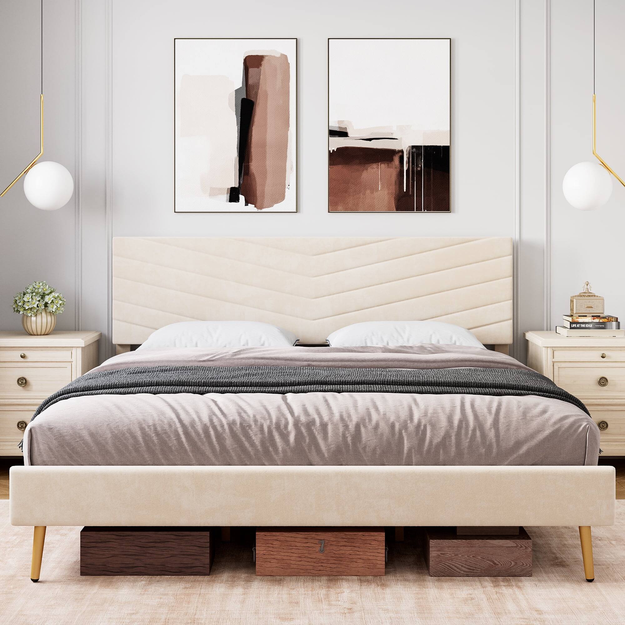 GARVEE King Size Velvet Bed Beige Adjustable Headboard Wood Slats Noise ...