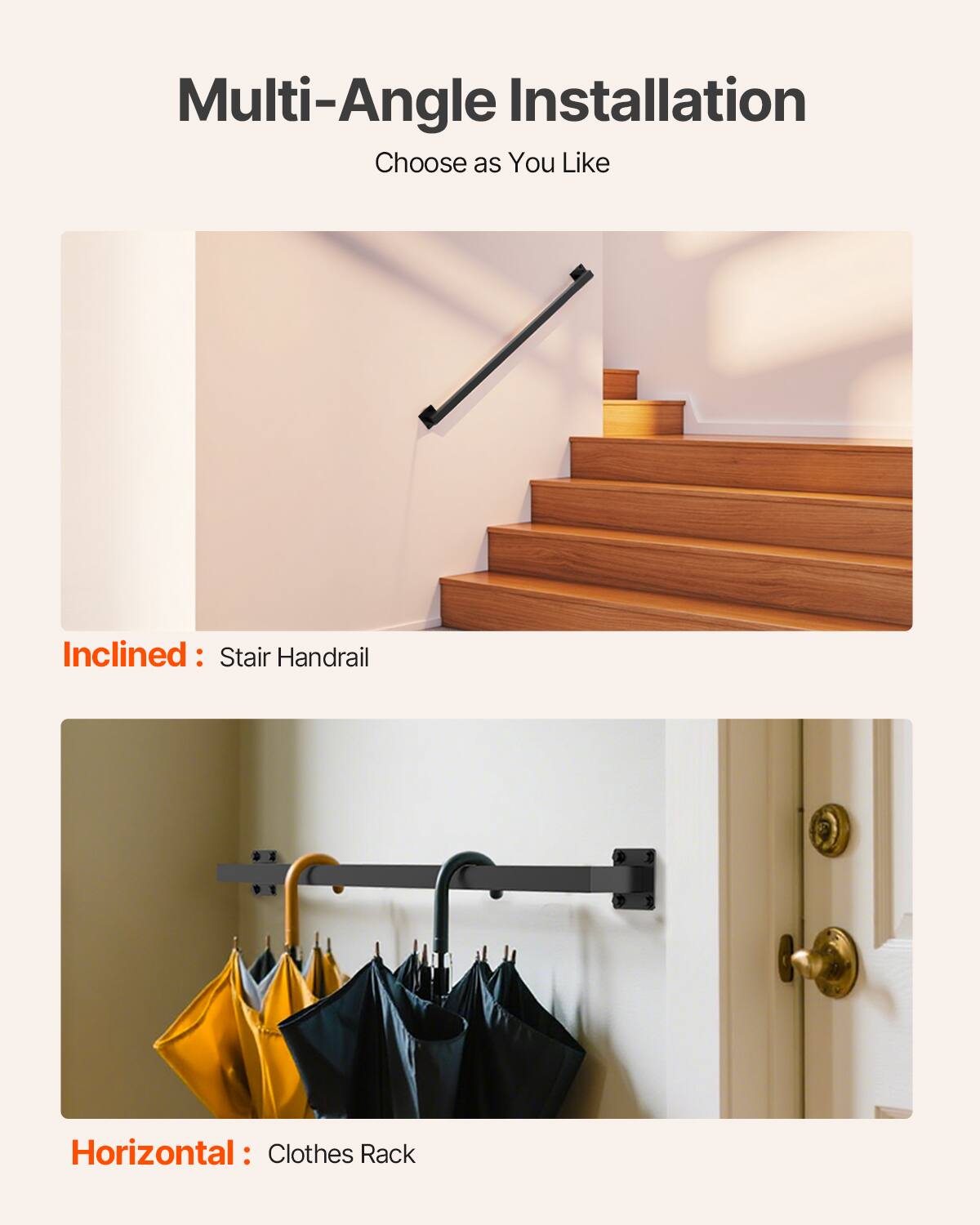 VEVOR Wall Mounted Stair Handrail, 3ft Iron Staircase Handrail Indoor ...