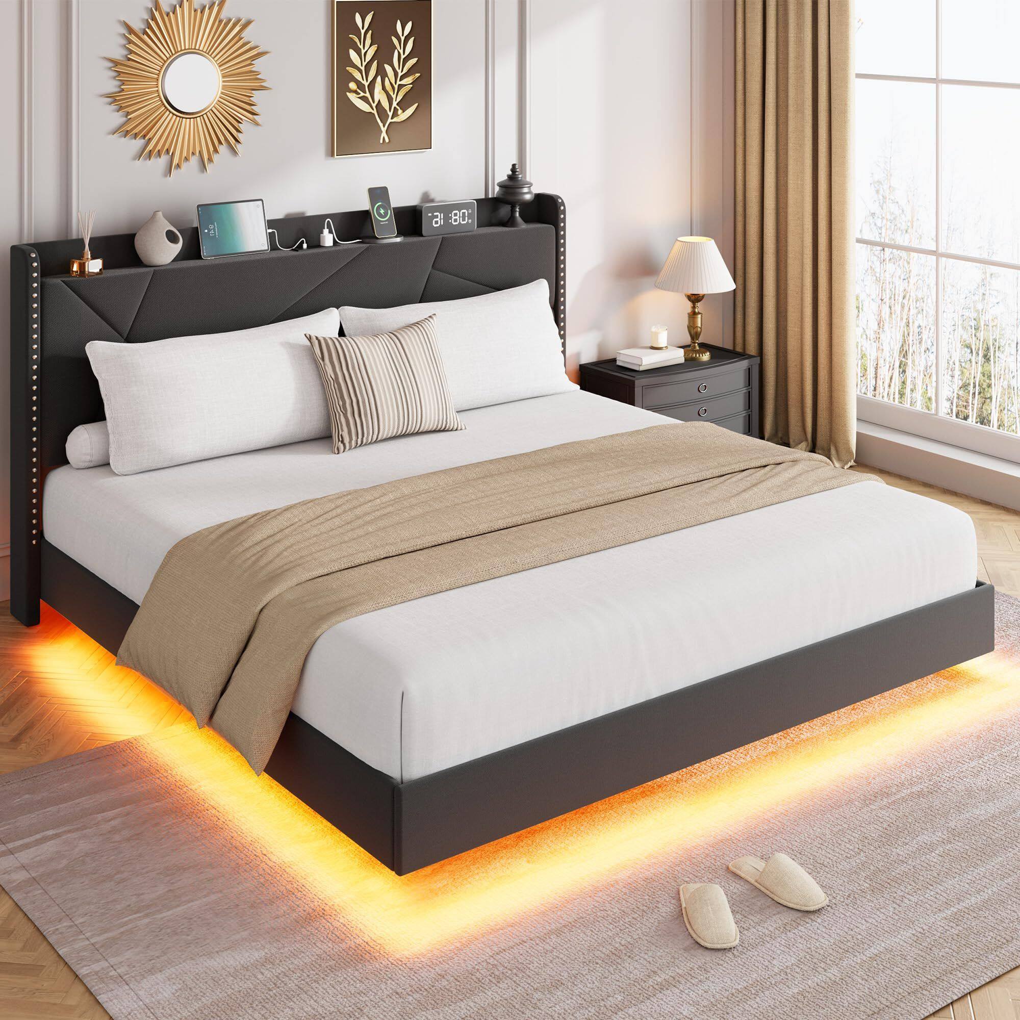 Acekool Floating Bed Frame, with RGB LED Lights and Charging Station ...