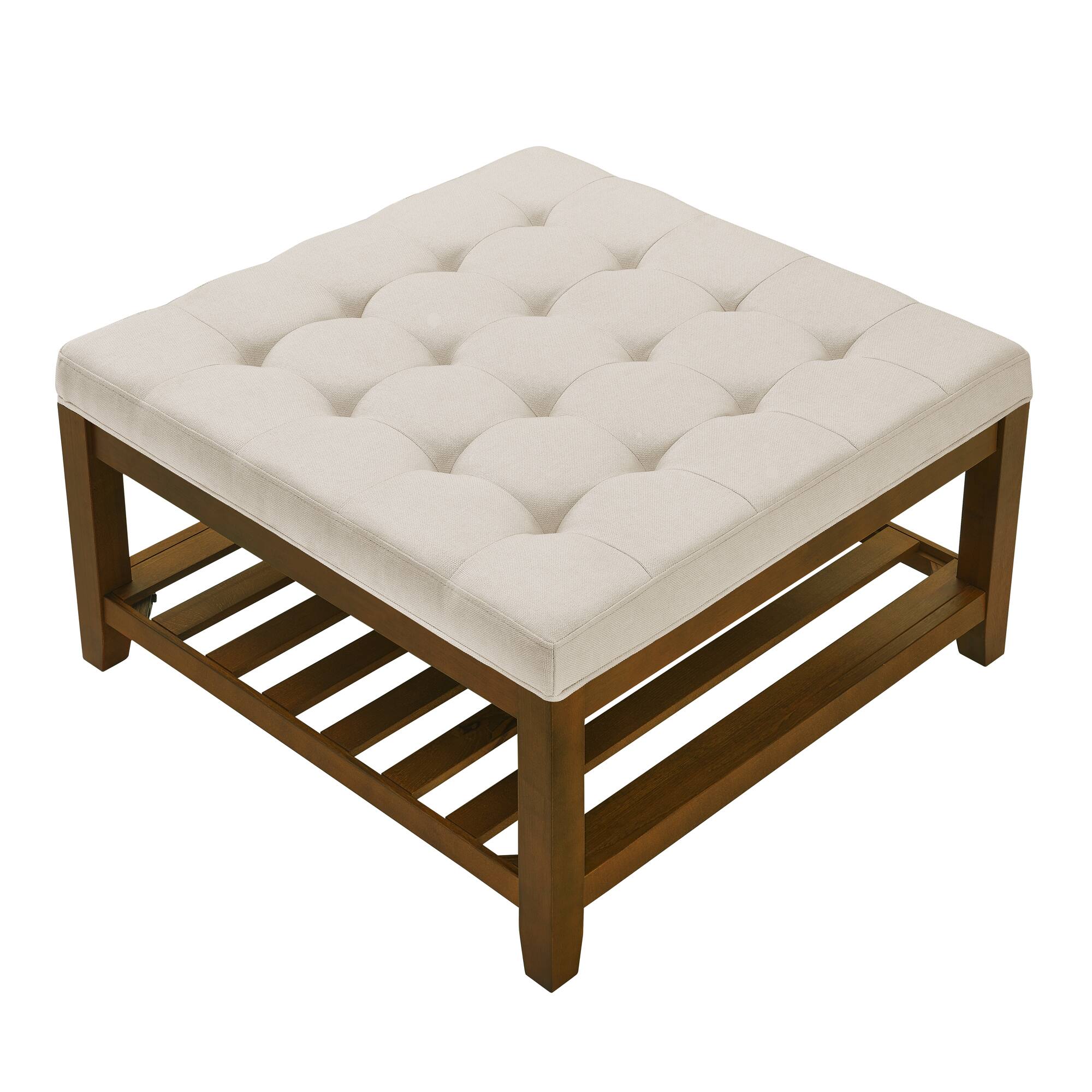 TinyHomie Upholstered Coffee Table Tufted Linen Square Ottoman Beech ...