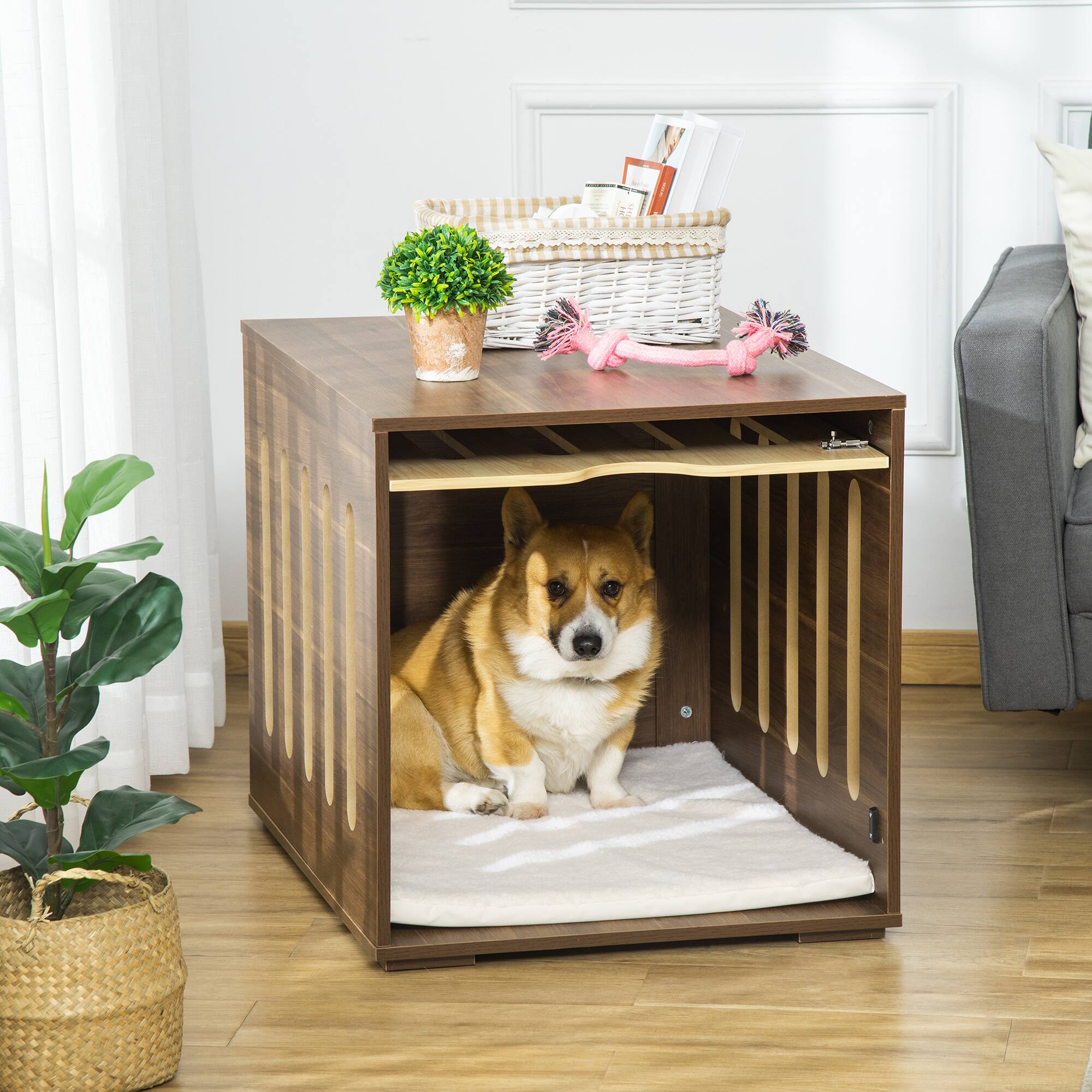 Pawhut Furniture Style Dog Crate End Table, Door Panel, Foam Cushion ...